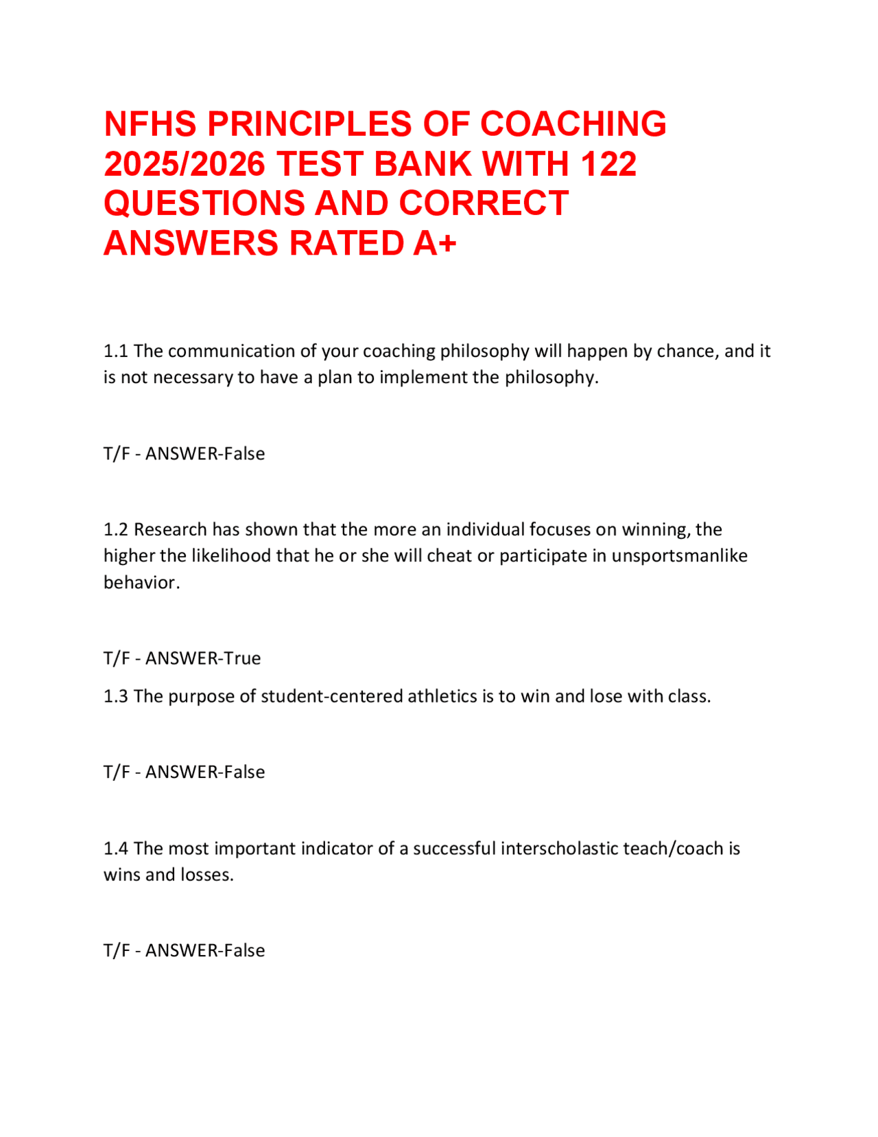 NFHS PRINCIPLES OF COACHING 2025/2026 TEST BANK WITH 122 QUESTIONS AND ...