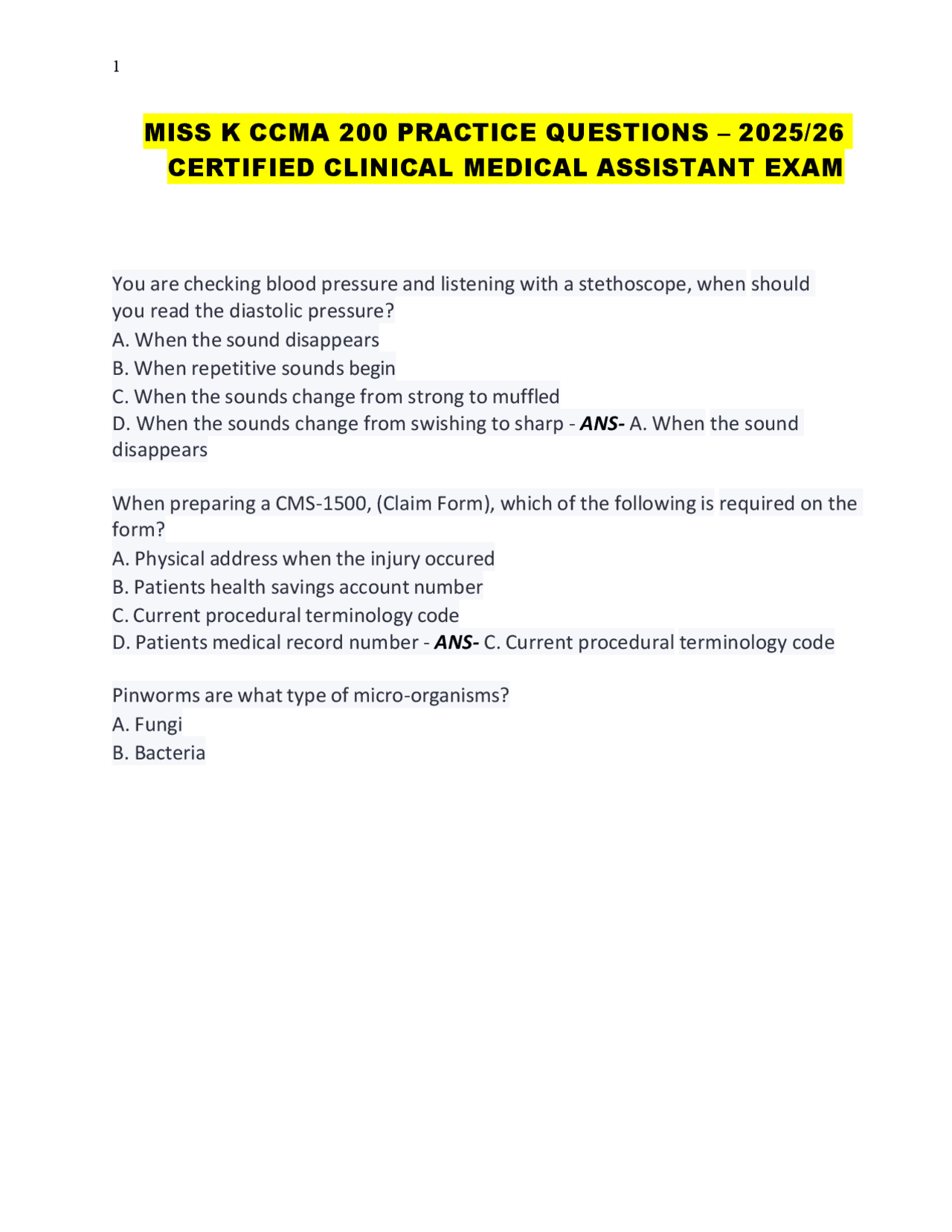 CCMA Exam Practice Questions 2025/26: Certified Clinical Medical ...