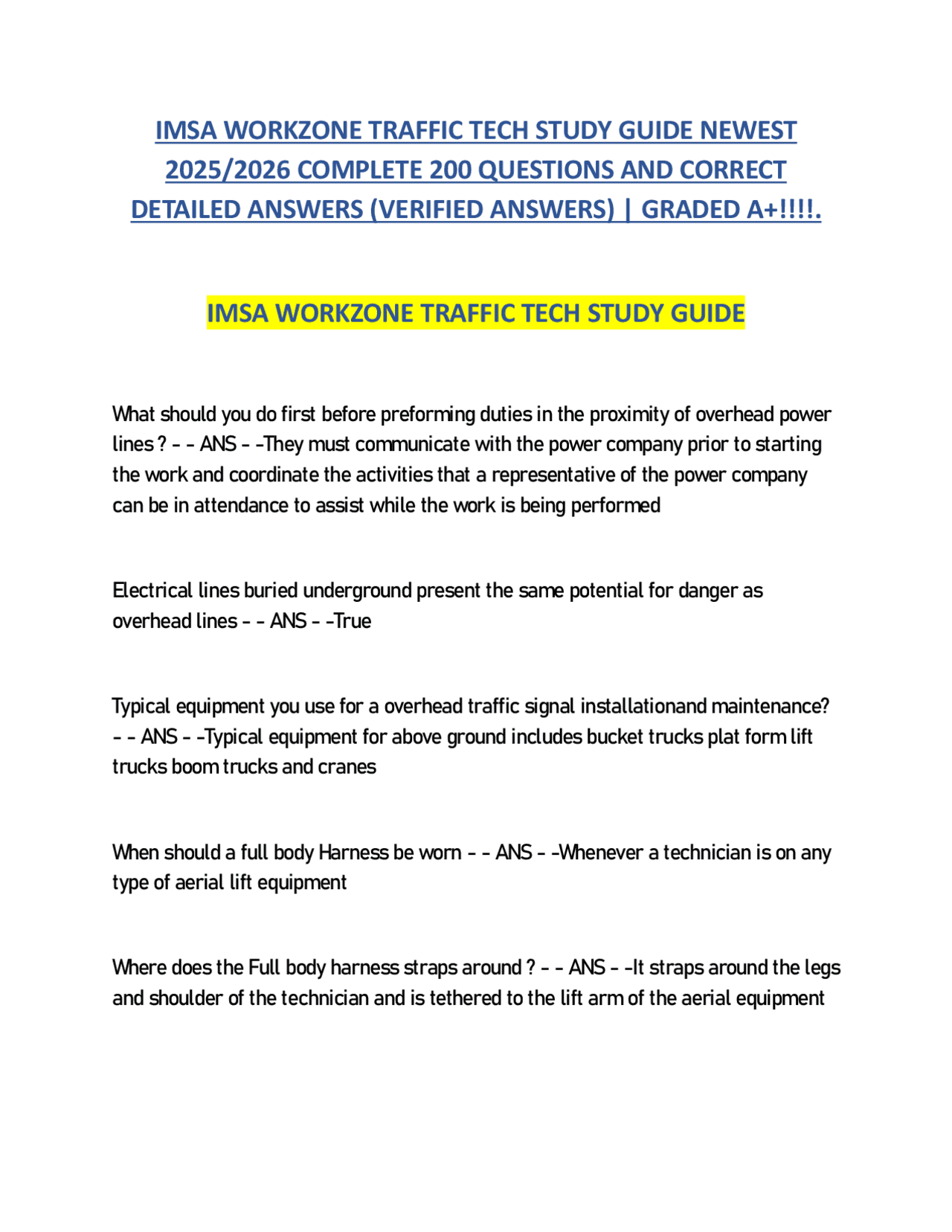 IMSA WORKZONE TRAFFIC TECH STUDY GUIDE NEWEST 2025/2026 COMPLETE 200 ...