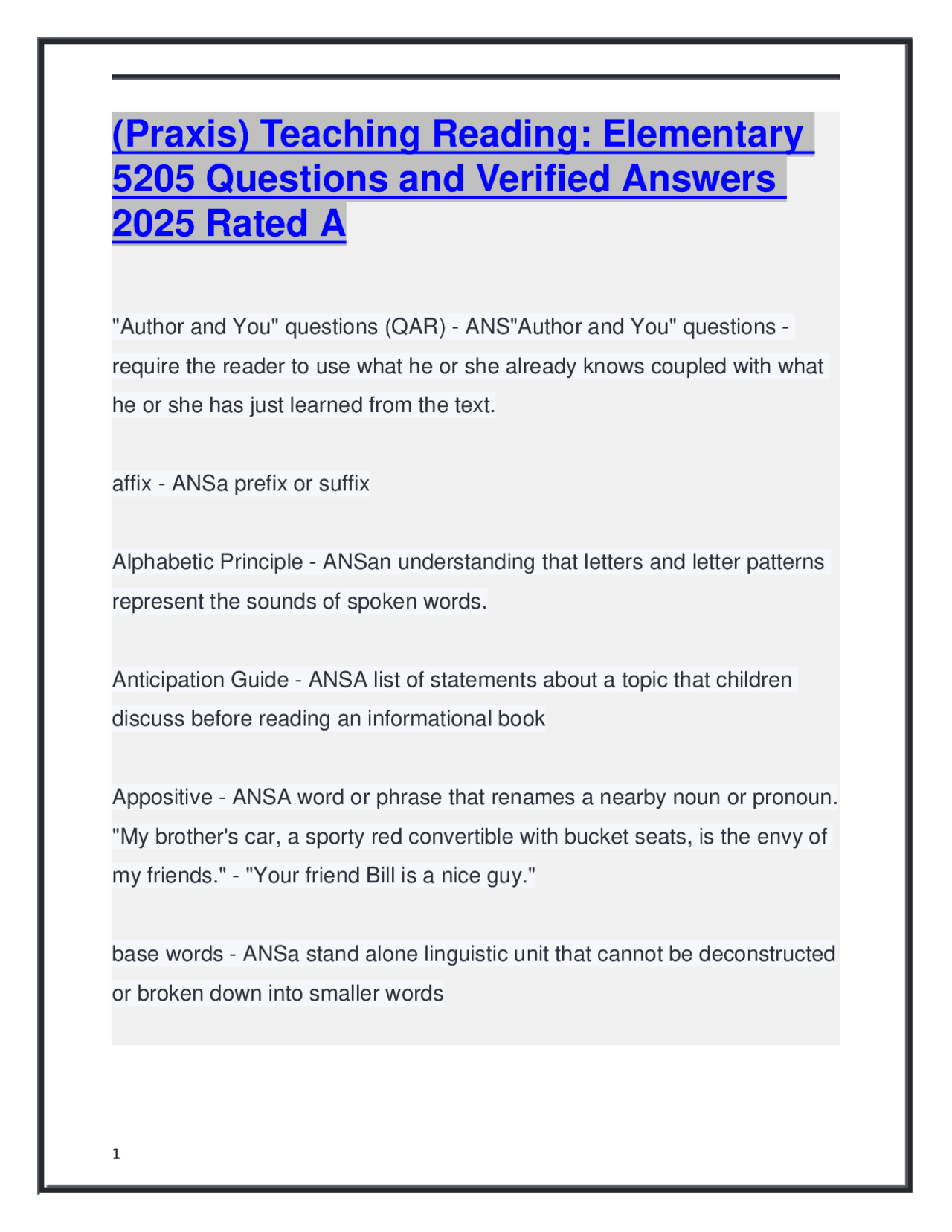 (Praxis) Teaching Reading: Elementary 5205 Questions and Verified ...