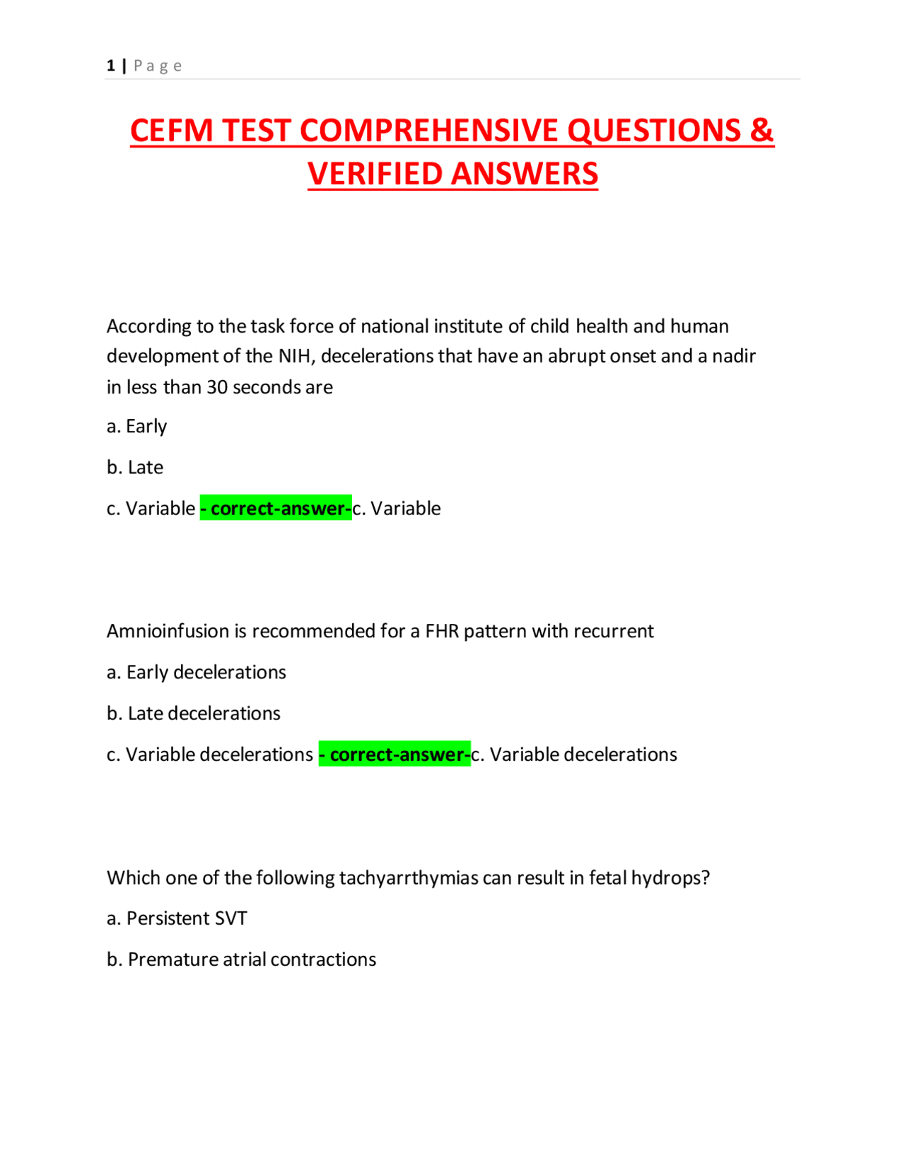 CEFM Test: Comprehensive Questions and Verified Answers for Fetal ...
