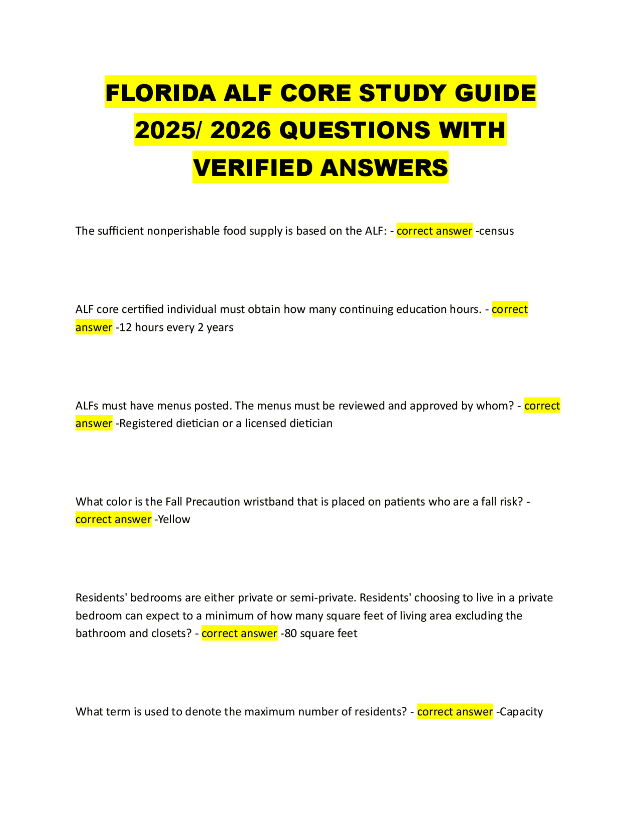 FLORIDA ALF CORE STUDY GUIDE 2025/ 2026 QUESTIONS WITH VERIFIED ANSWERS ...