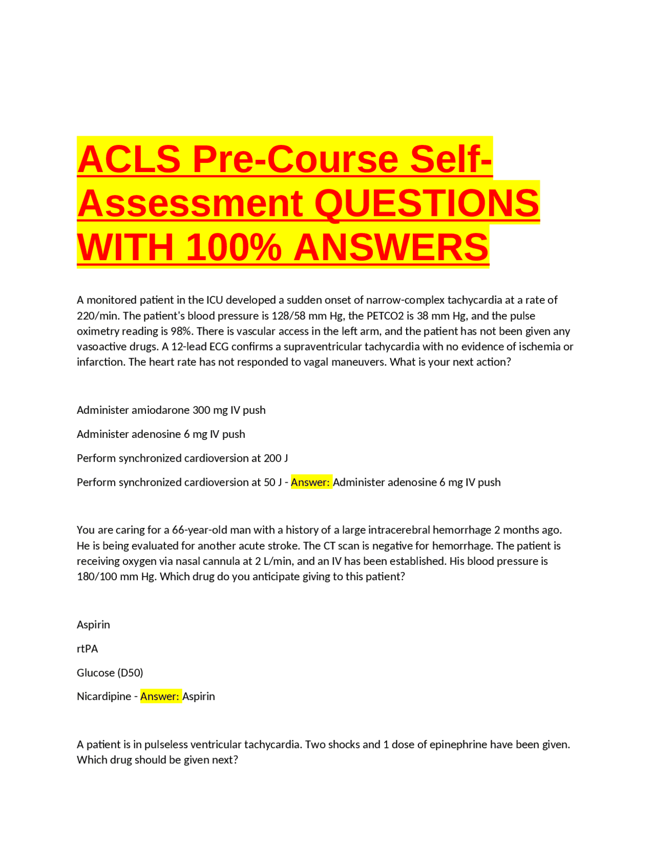 ACLS Pre-Course SelfAssessment QUESTIONS WITH 100% ANSWERS 2025 | Exams ...