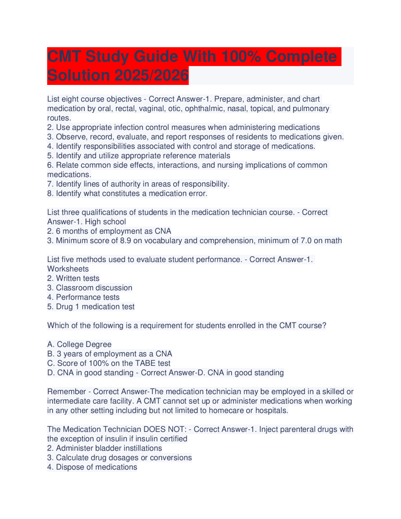 CMT Study Guide With 100% Complete Solution 2025/2026 | Exams Advanced ...