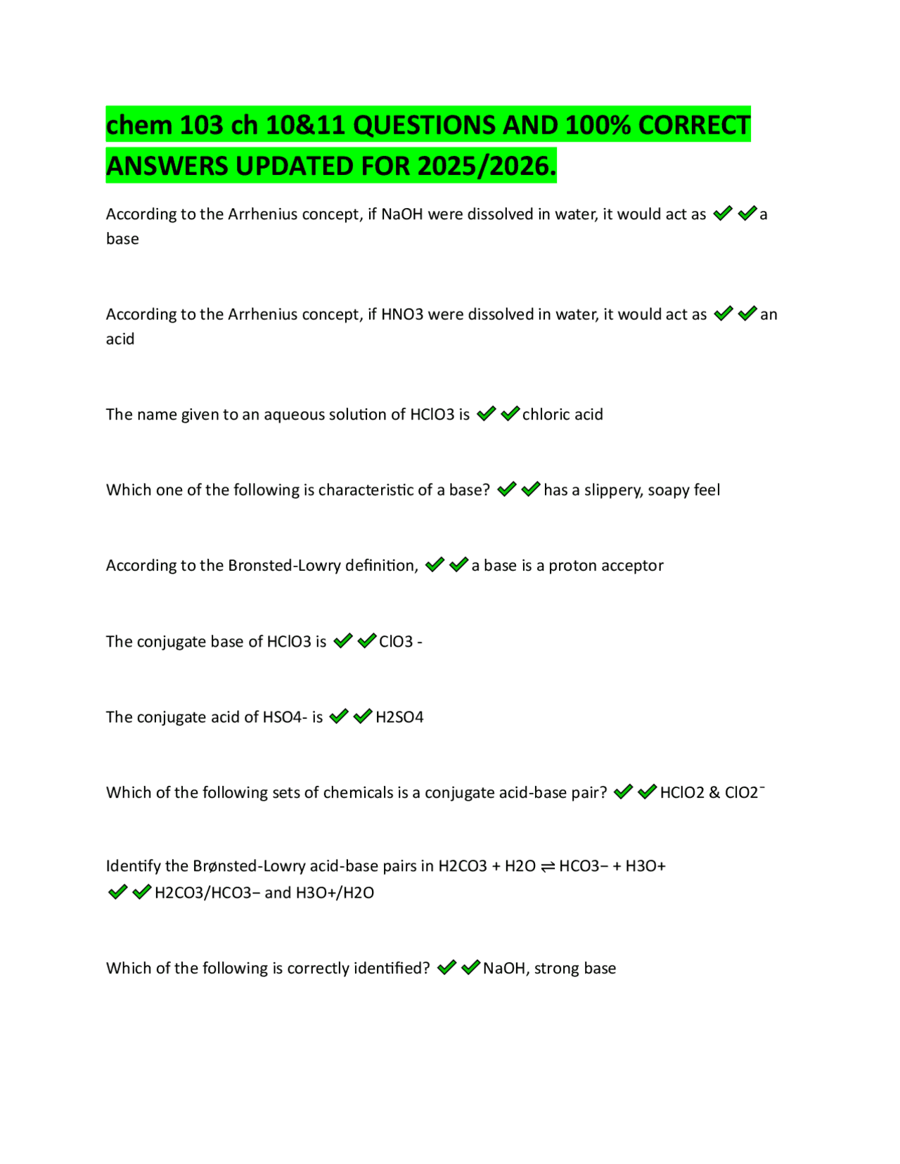 chem 103 ch 10&11 QUESTIONS AND 100% CORRECT ANSWERS UPDATED FOR 2025/ ...