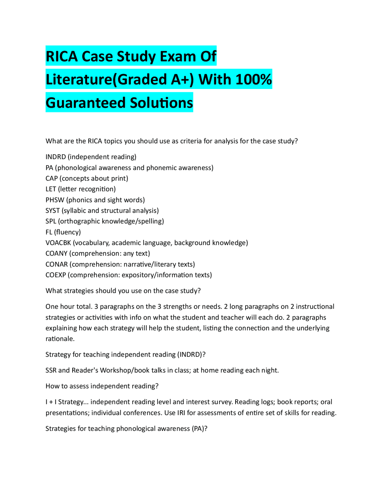RICA Case Study Exam Of Literature(Graded A+) With 100% Guaranteed ...