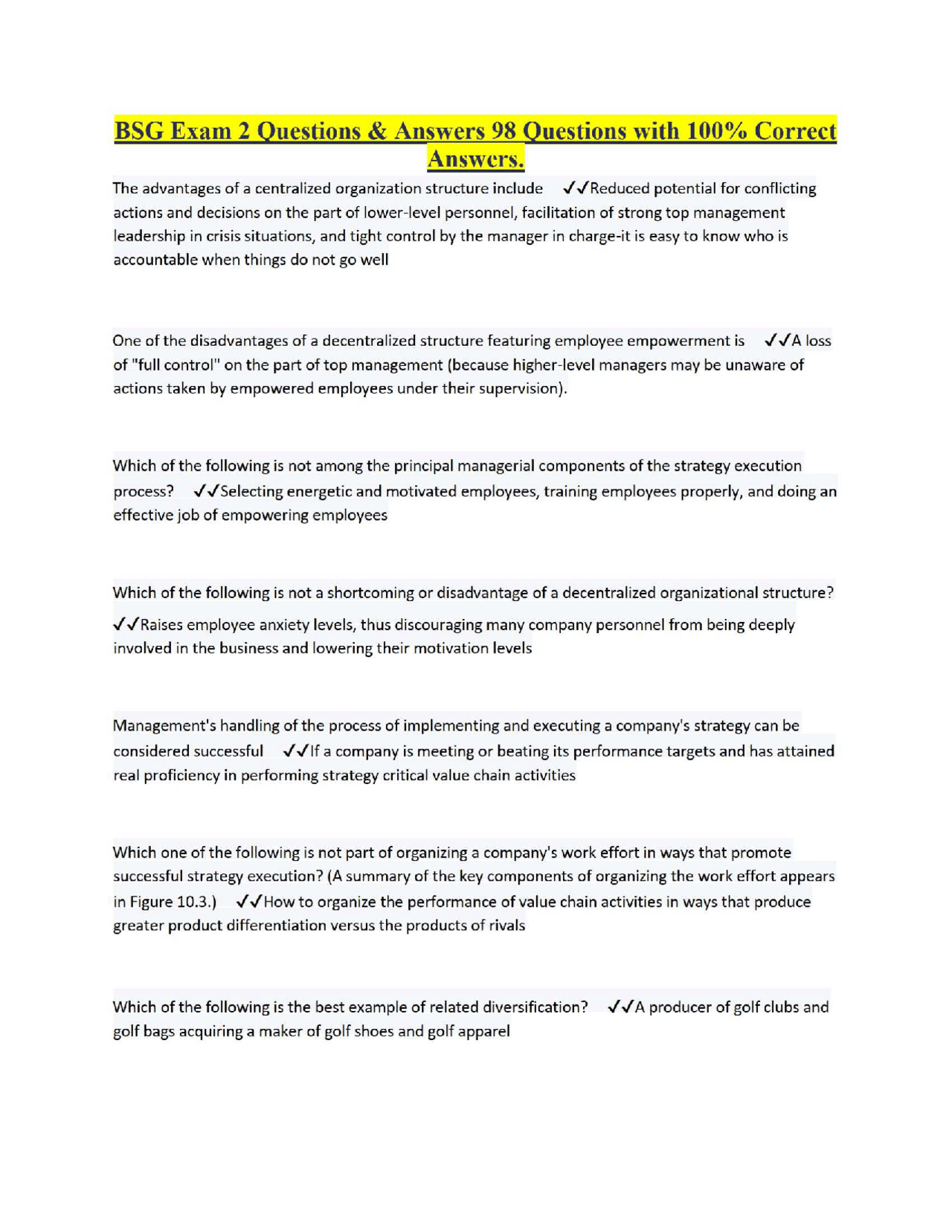 BSG Exam 2 Questions & Answers 98 Questions with 100% Correct Answers. | Exams Marketing ...