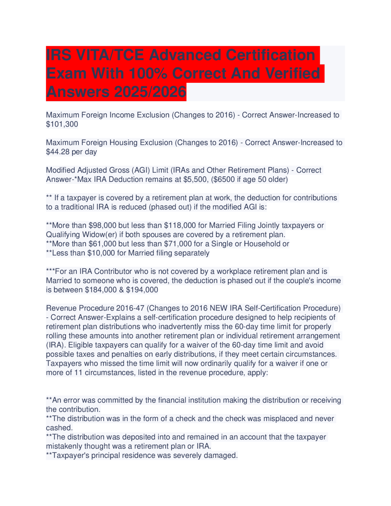 IRS VITA/TCE Advanced Certification Exam Updates 2025/2026: Key Tax Law ...