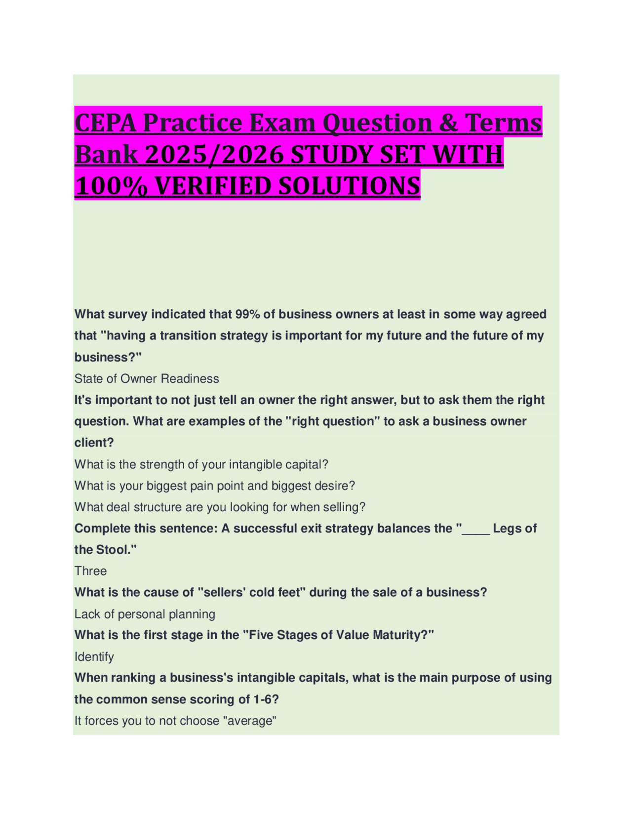 CEPA Practice Exam Question & Terms Bank 2025/2026 STUDY SET WITH 100% ...