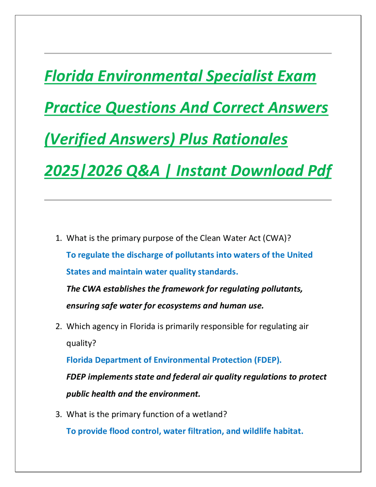 Florida Environmental Specialist Exam: Practice Questions and Answers ...