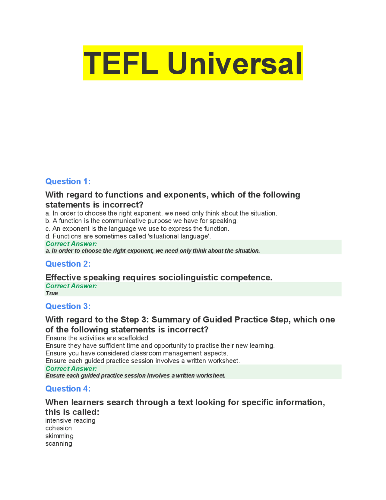 TEFL Universal (2025-2026 UPDATE) with Questions and Verified Answers ...