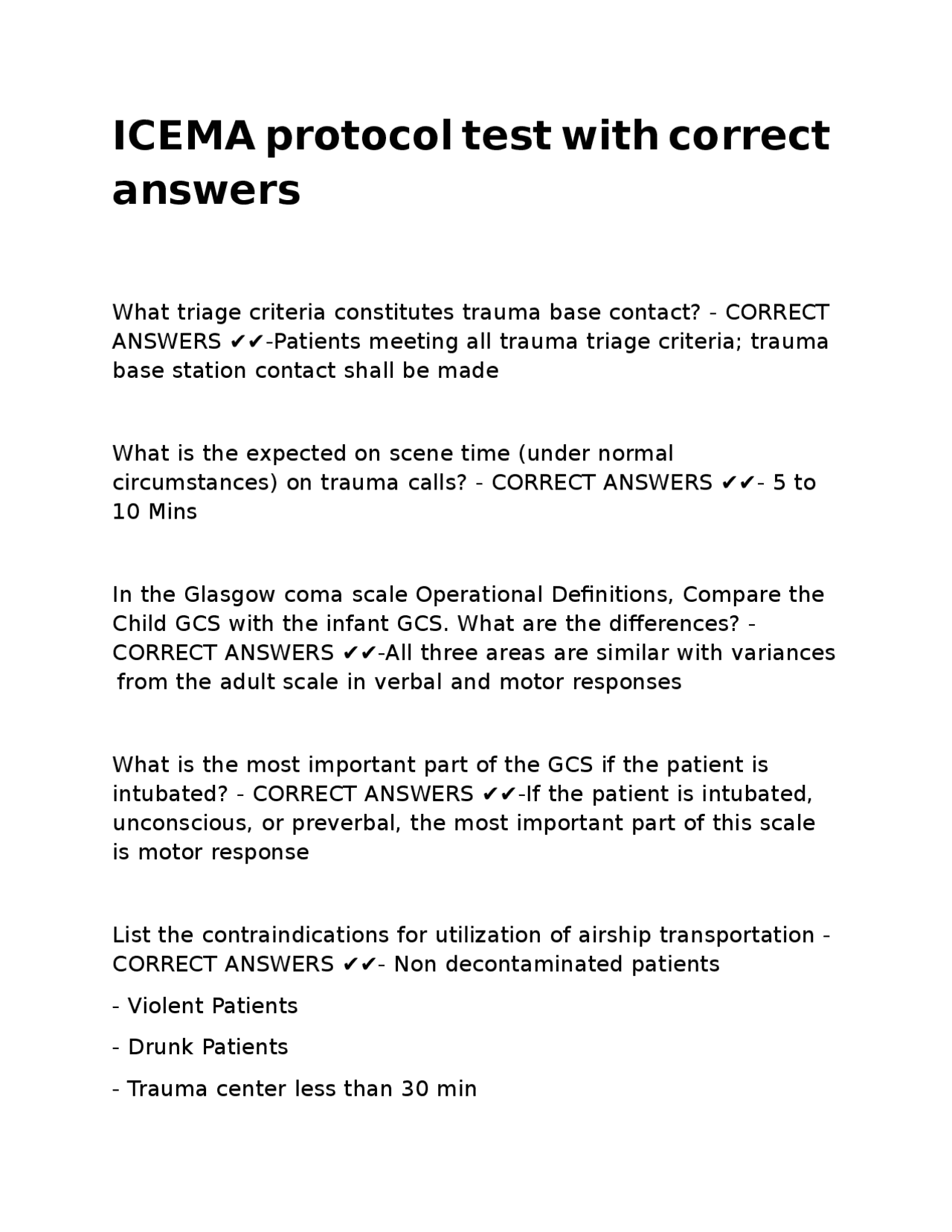 ICEMA protocol test with correct answers | Exams Nursing | Docsity