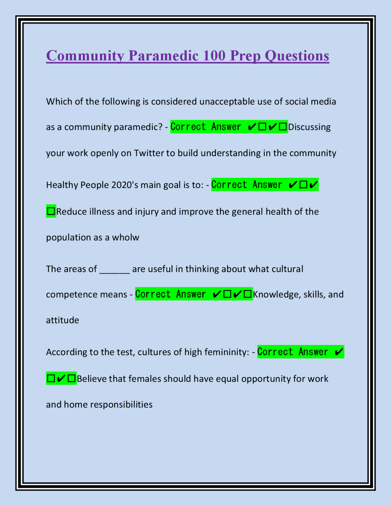 Community Paramedic 100 Prep Questions With Practical Verified Answers ...