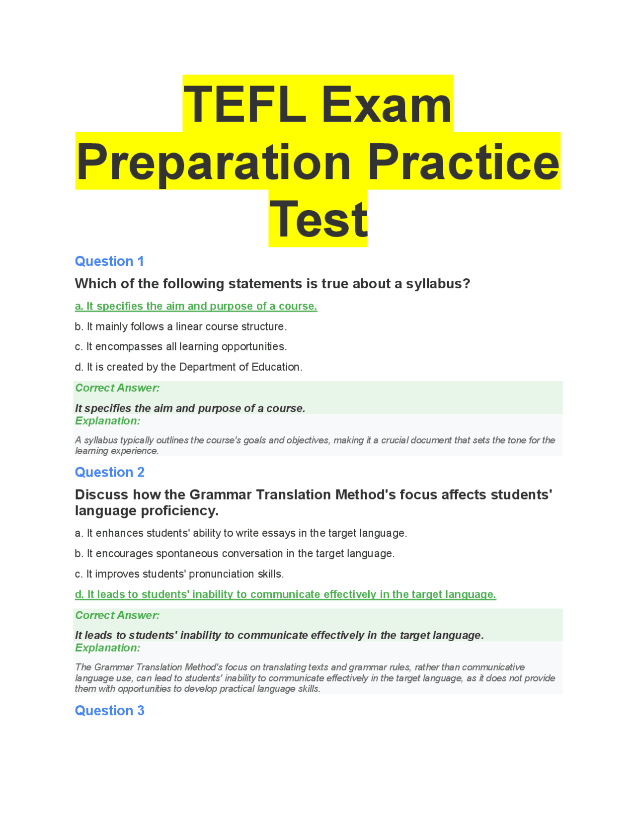 TEFL Exam Preparation Practice Test (2025-2026 UPDATE) with Q&A ...