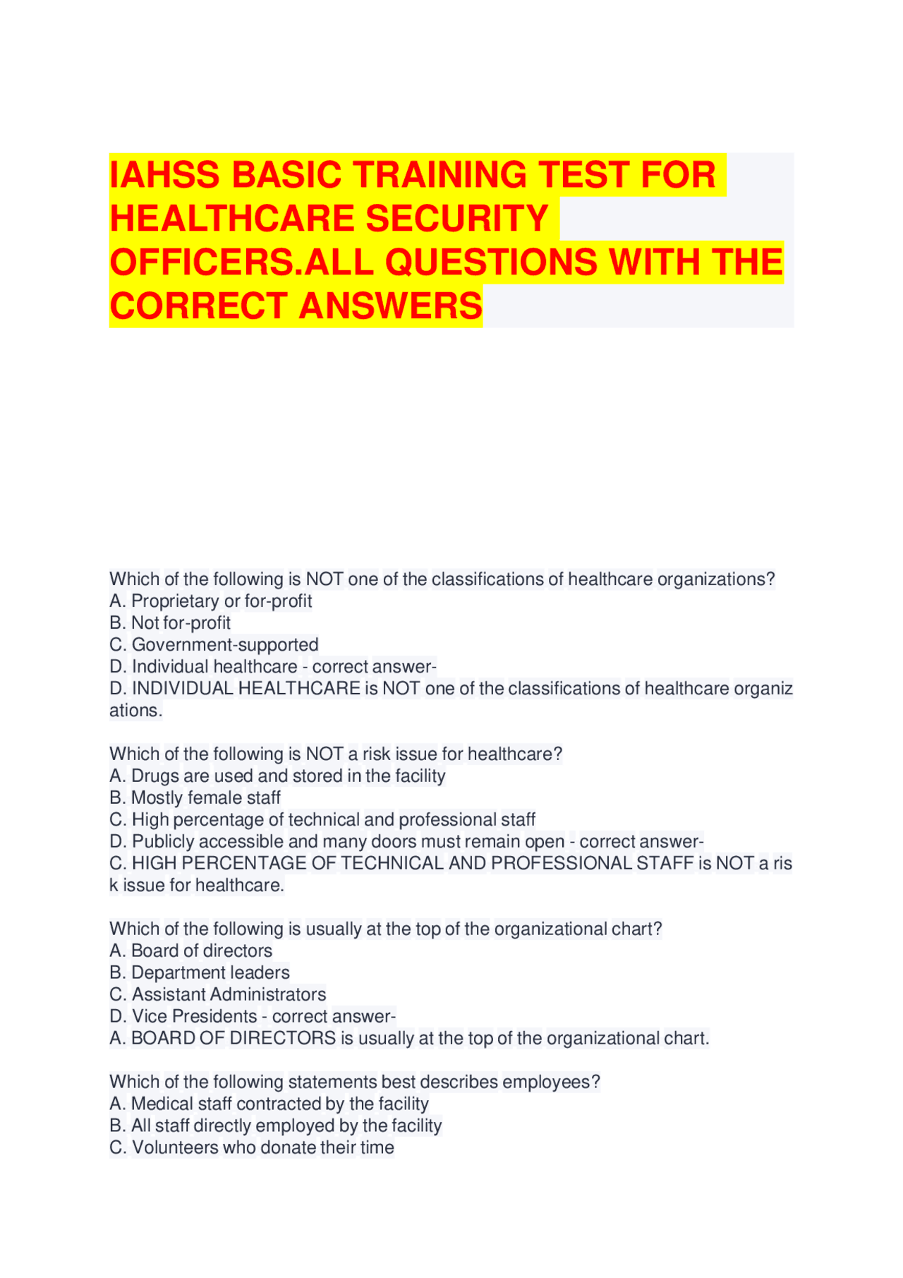 IAHSS BASIC TRAINING TEST FOR HEALTHCARE SECURITY OFFICERS | Exams ...