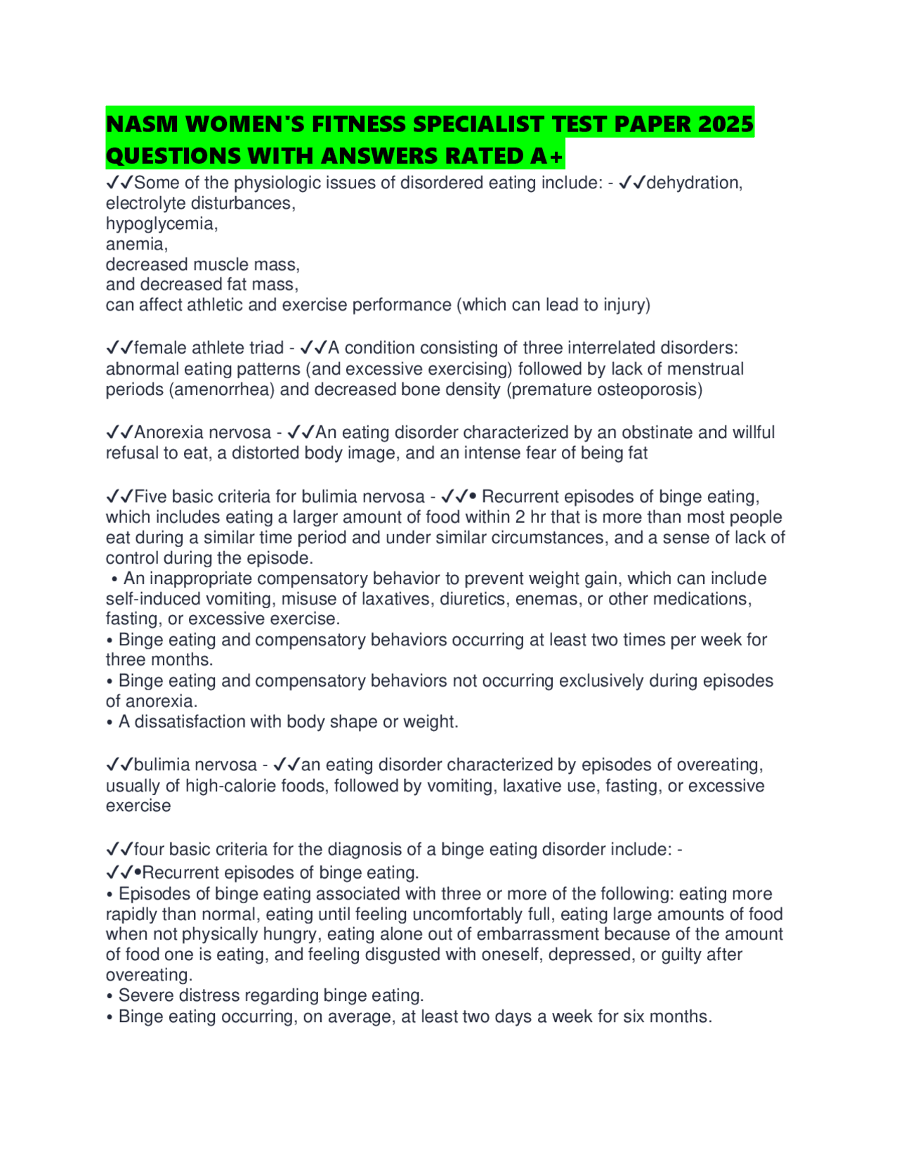 NASM WOMEN'S FITNESS SPECIALIST TEST PAPER 2025 QUESTIONS WITH ANSWERS ...