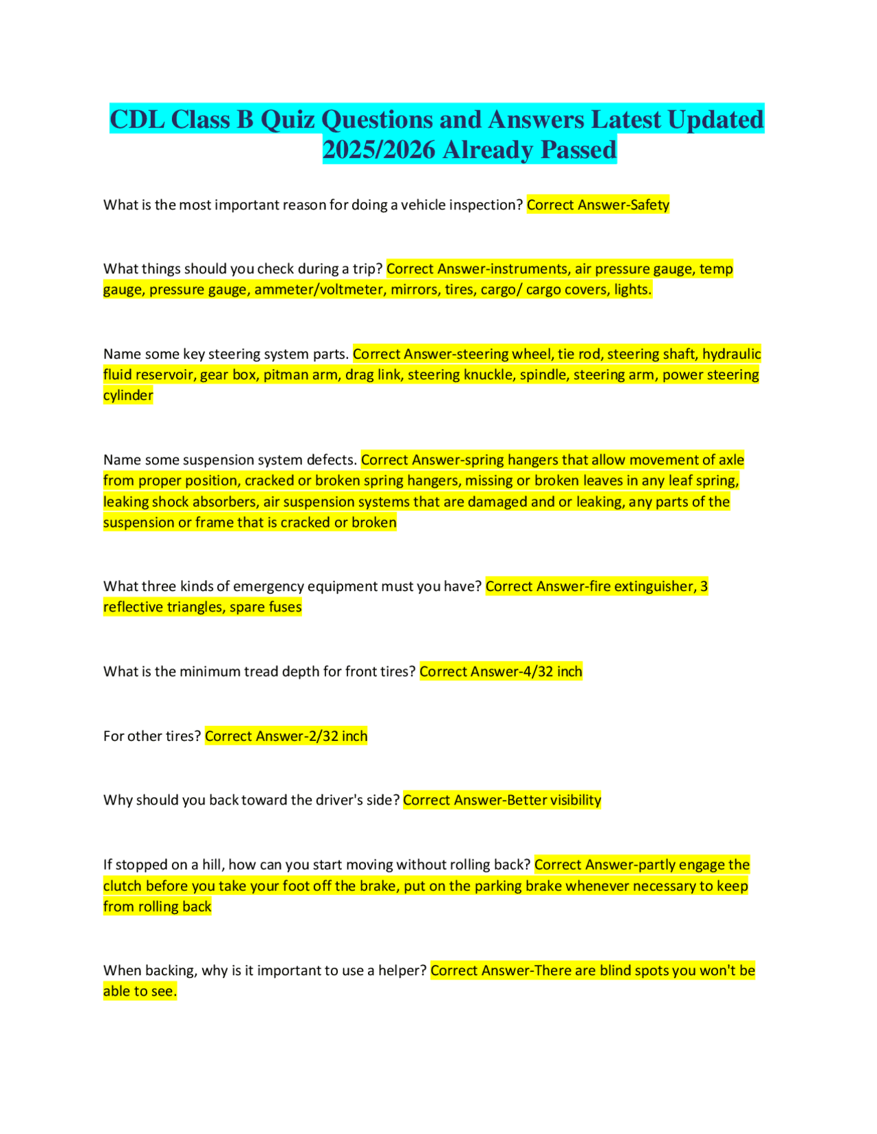 CDL Class B Quiz Questions and Answers Latest Updated 2025/2026 Already ...