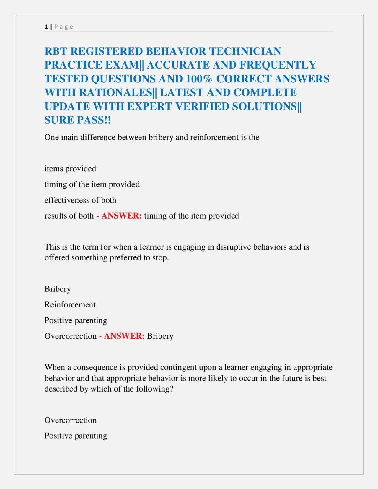 RBT REGISTERED BEHAVIOR TECHNICIAN PRACTICE EXAM|| ACCURATE AND ...