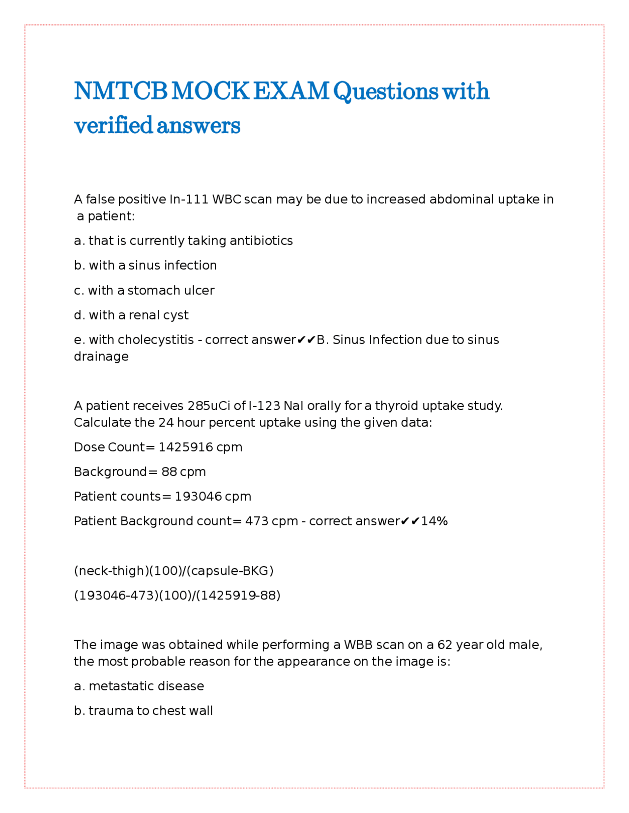 NMTCB MOCK EXAM Questions with verified answers | Exams Nursing | Docsity