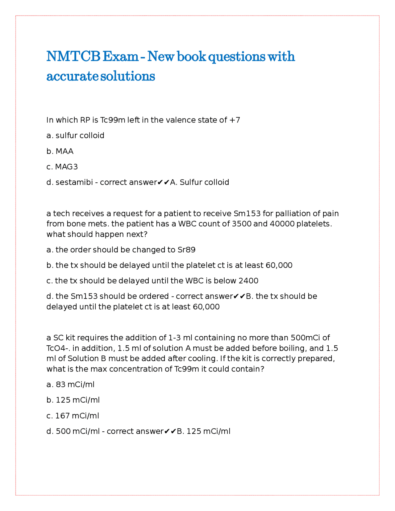 NMTCB Exam - New book questions with accurate solutions | Exams Nursing ...