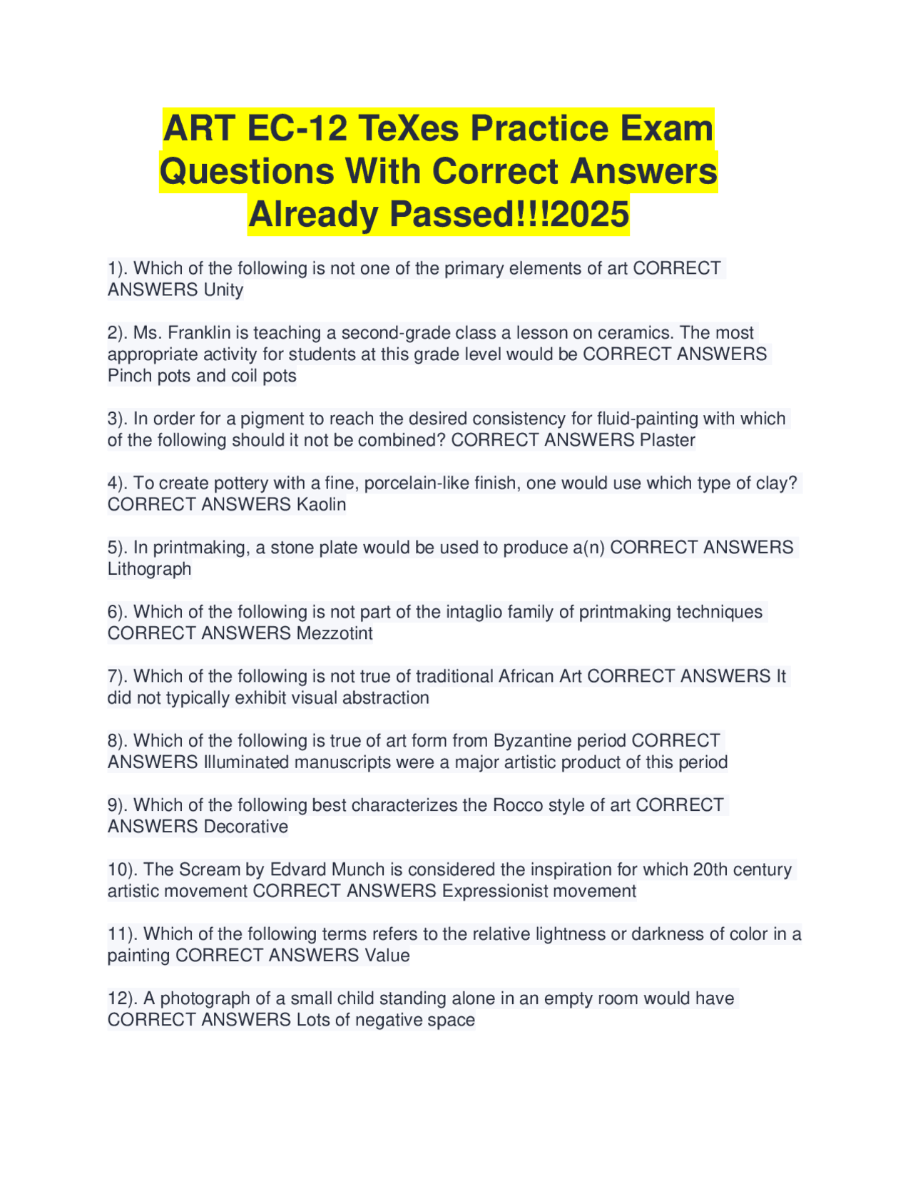 ART EC-12 TeXes Practice Exam Questions With Correct Answers Already ...