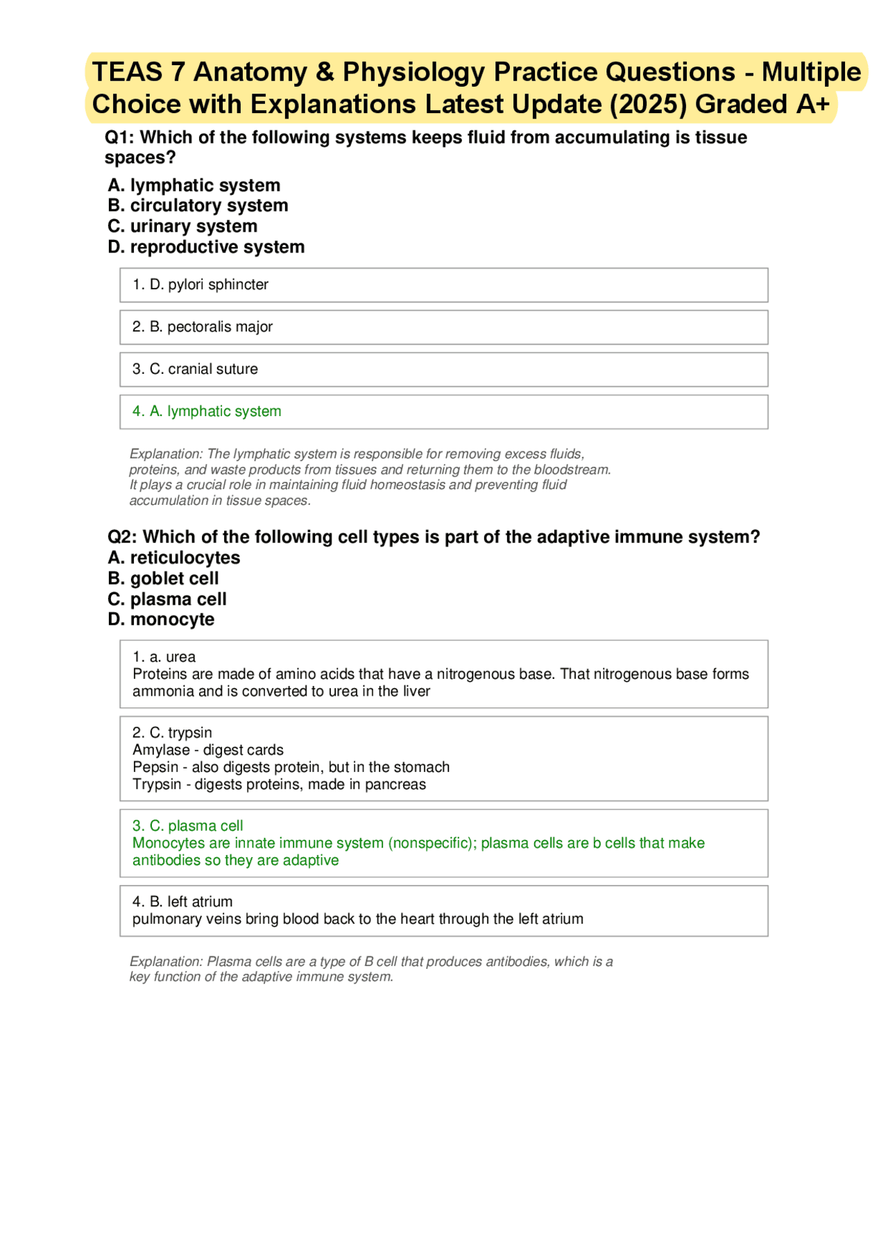 TEAS 7 Anatomy physiology Practice Questions - Multiple Choice with ...
