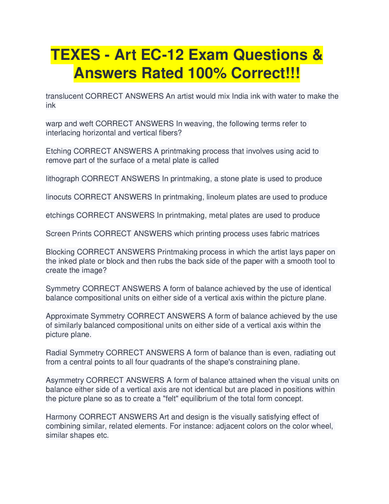 TEXES - Art EC-12 Exam Questions & Answers Rated 100% Correct ...