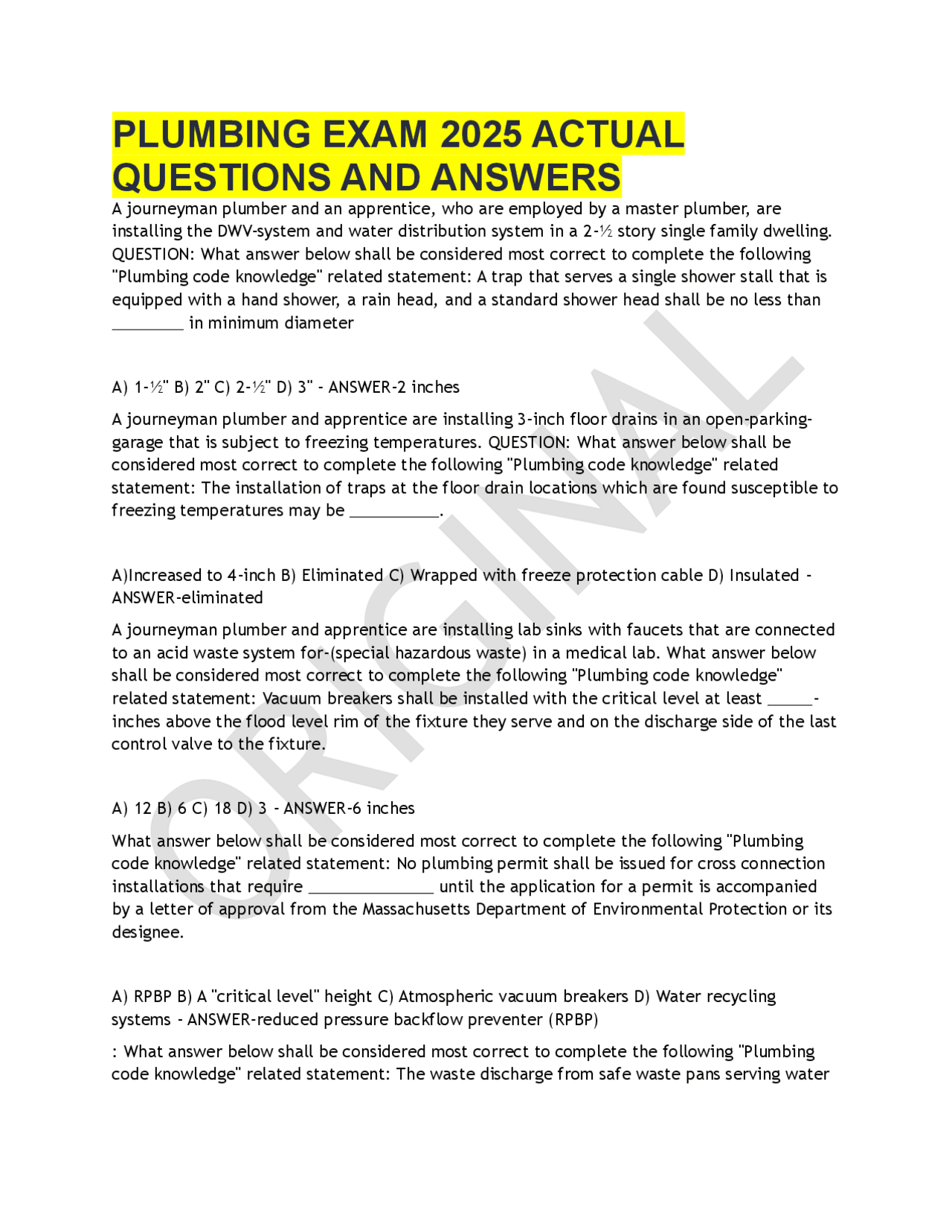Plumbing Exam Questions and Answers 2025: Code and Installation | Exams ...