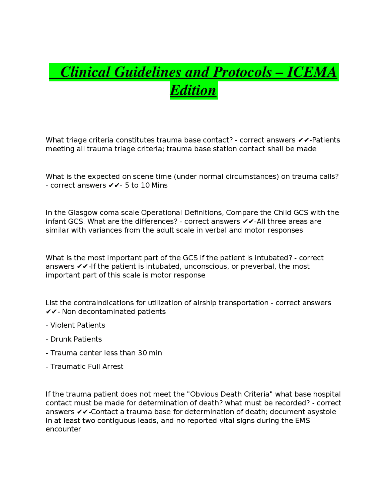 Clinical Guidelines and Protocols – ICEMA Edition | Exams Nursing | Docsity