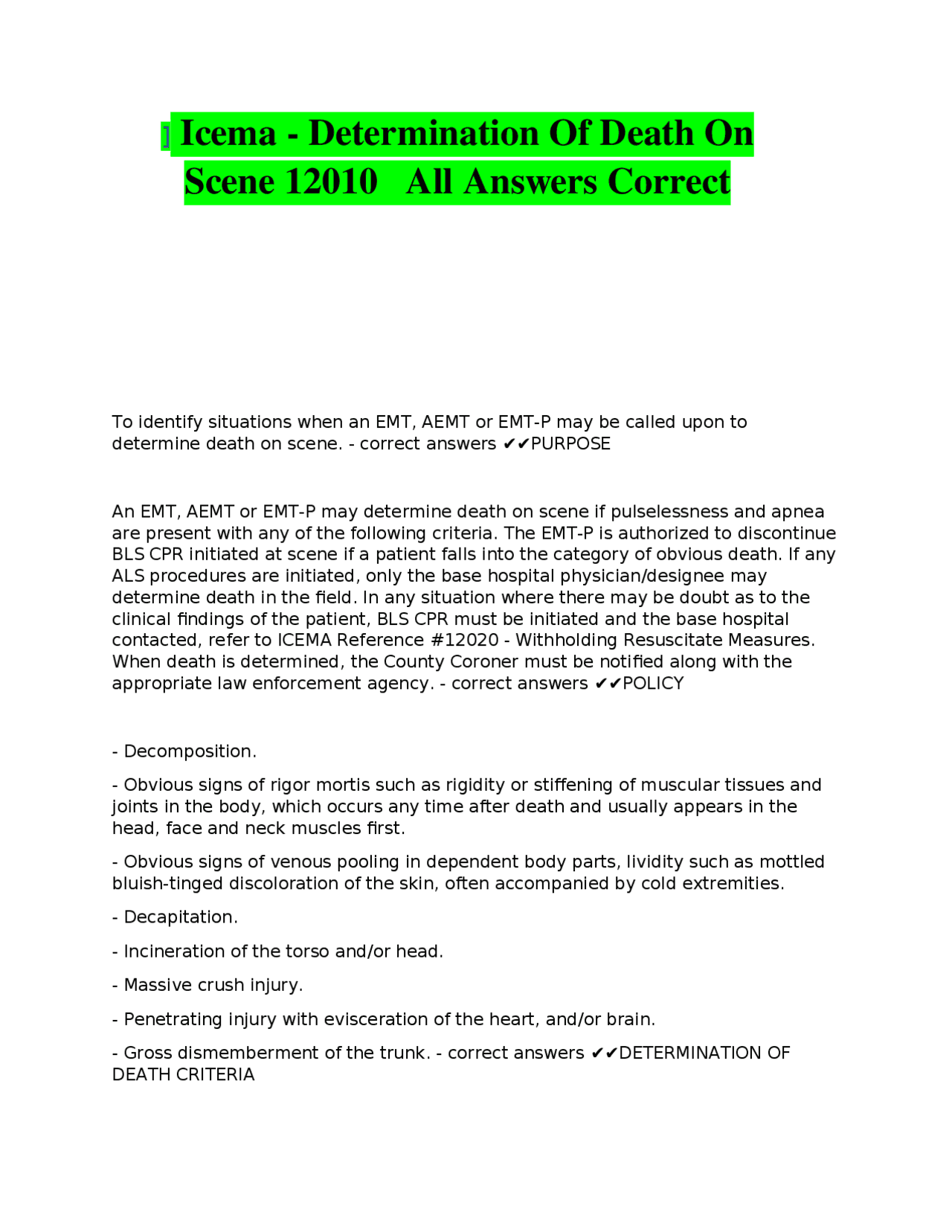 Icema - Determination Of Death On Scene 12010 All Answers | Exams ...