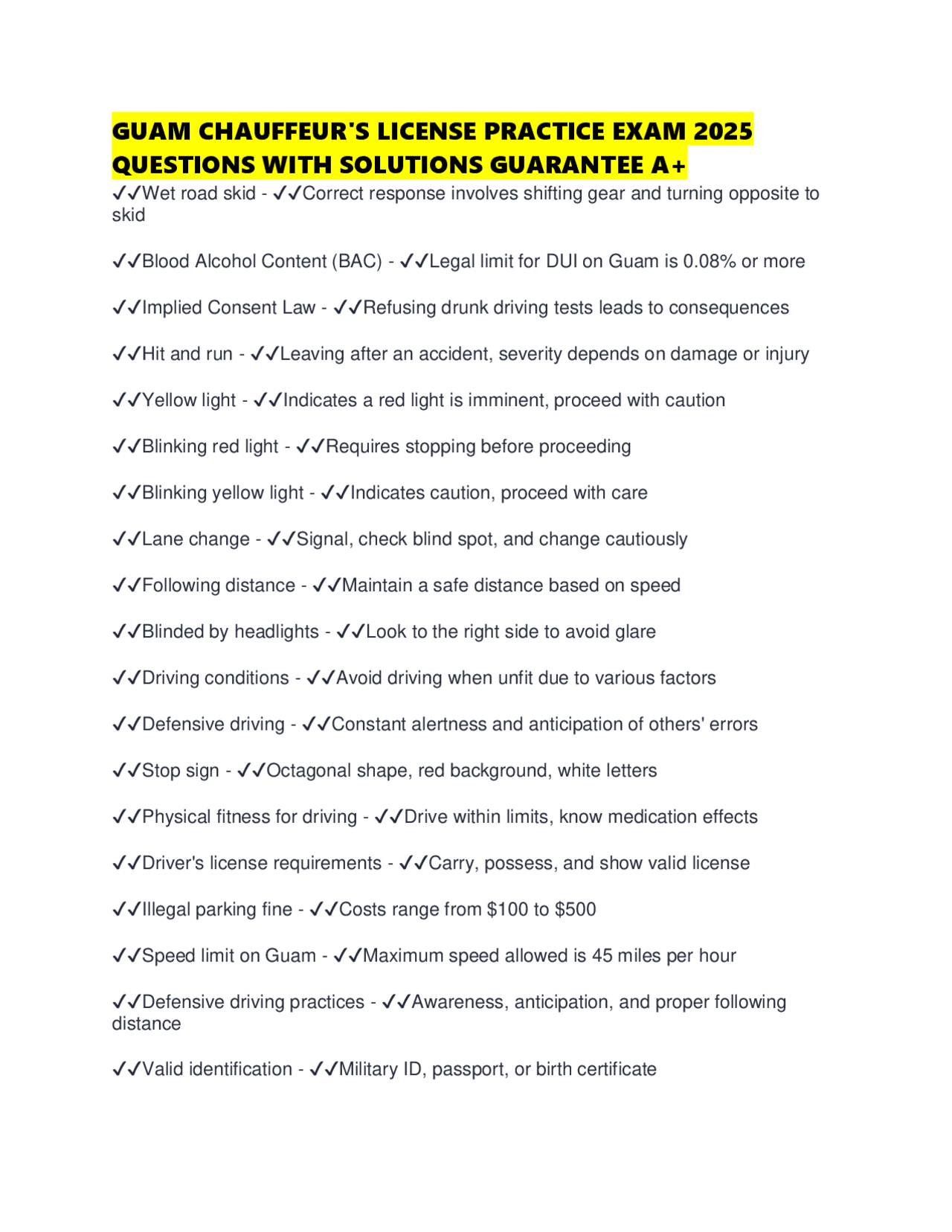 GUAM CHAUFFEUR'S LICENSE PRACTICE EXAM 2025 QUESTIONS WITH SOLUTIONS ...