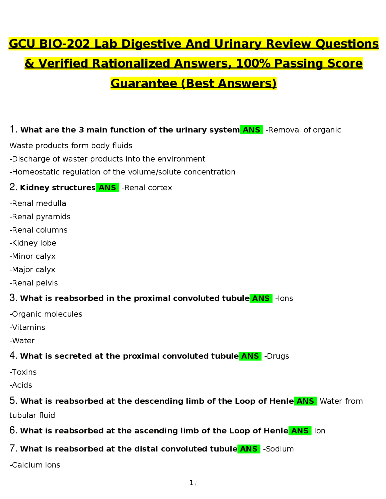 Digestive and Urinary Systems Review: Q&A for BIO-202 Lab | Exams Human ...