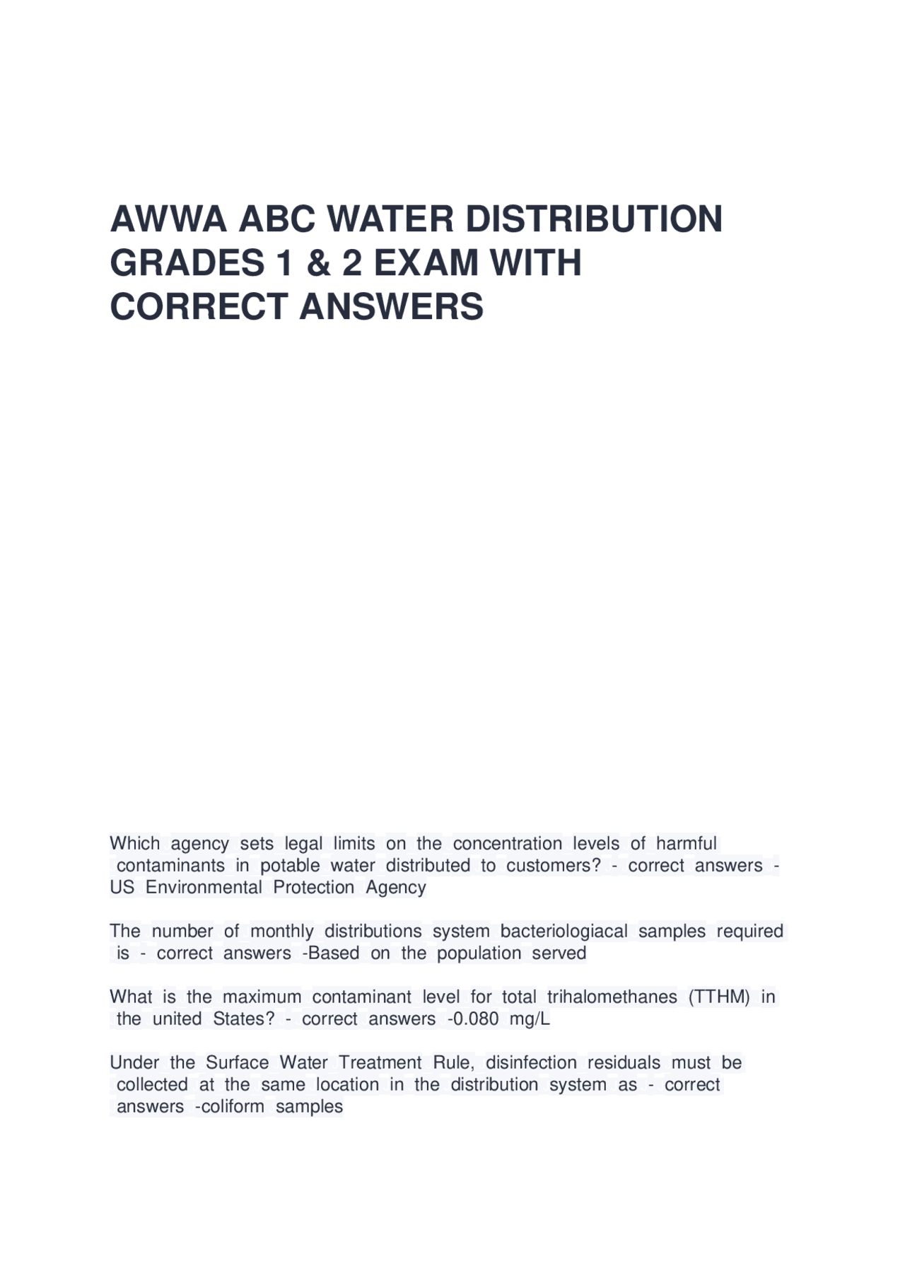AWWA ABC Water Distribution Grades 1 & 2 exam with correct answers ...