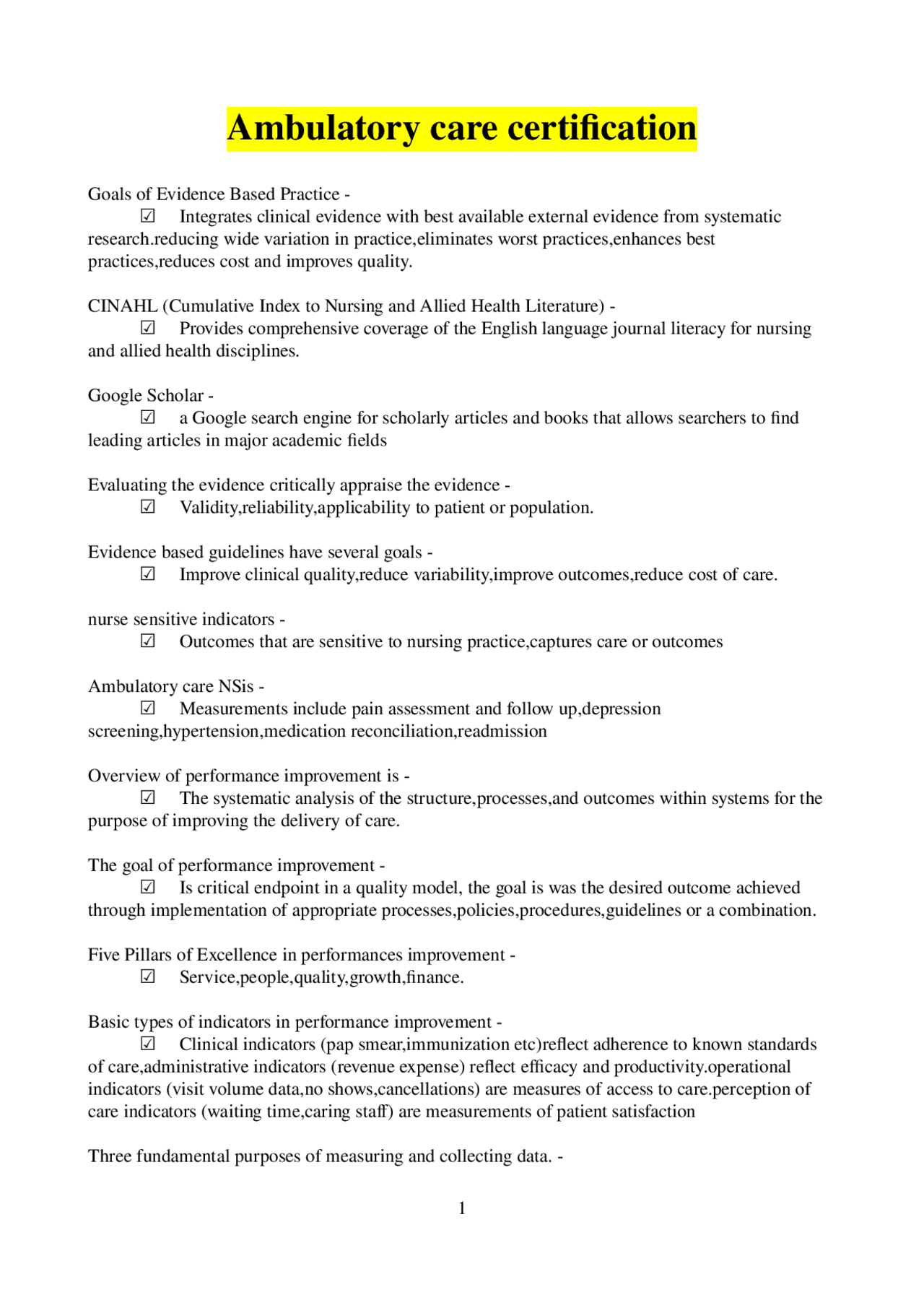 Ambulatory care certification | Exams Nursing | Docsity