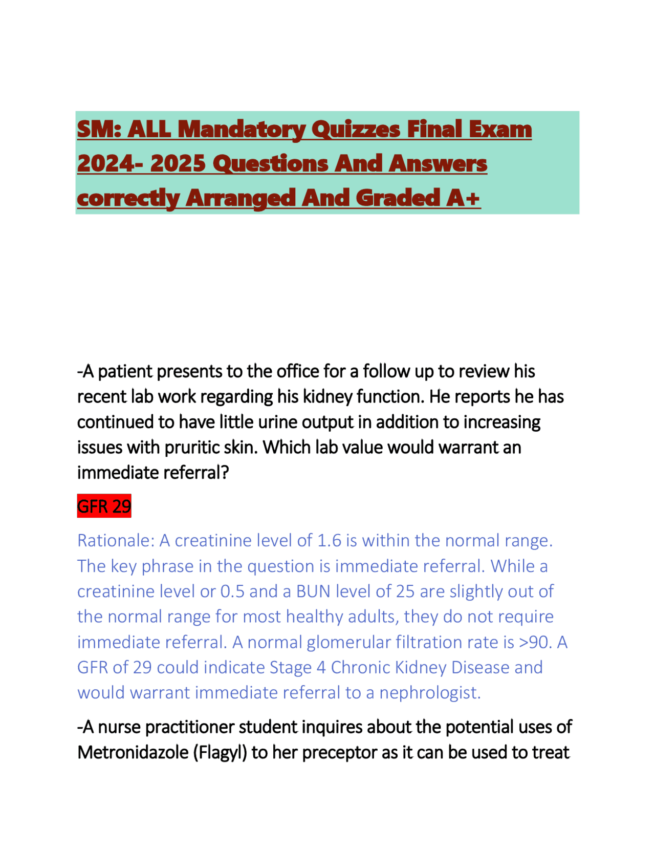 SM: ALL Mandatory Quizzes Final Exam 2024- 2025 Questions And Answers ...