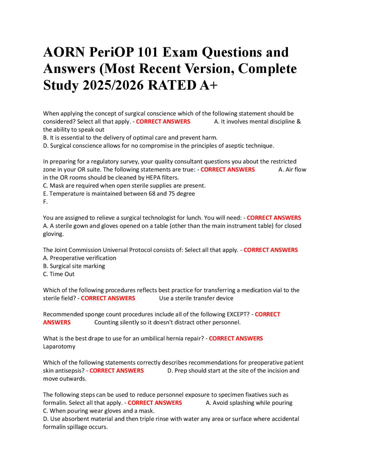 AORN PeriOP 101 Exam Questions and Answers (Most Recent Version ...