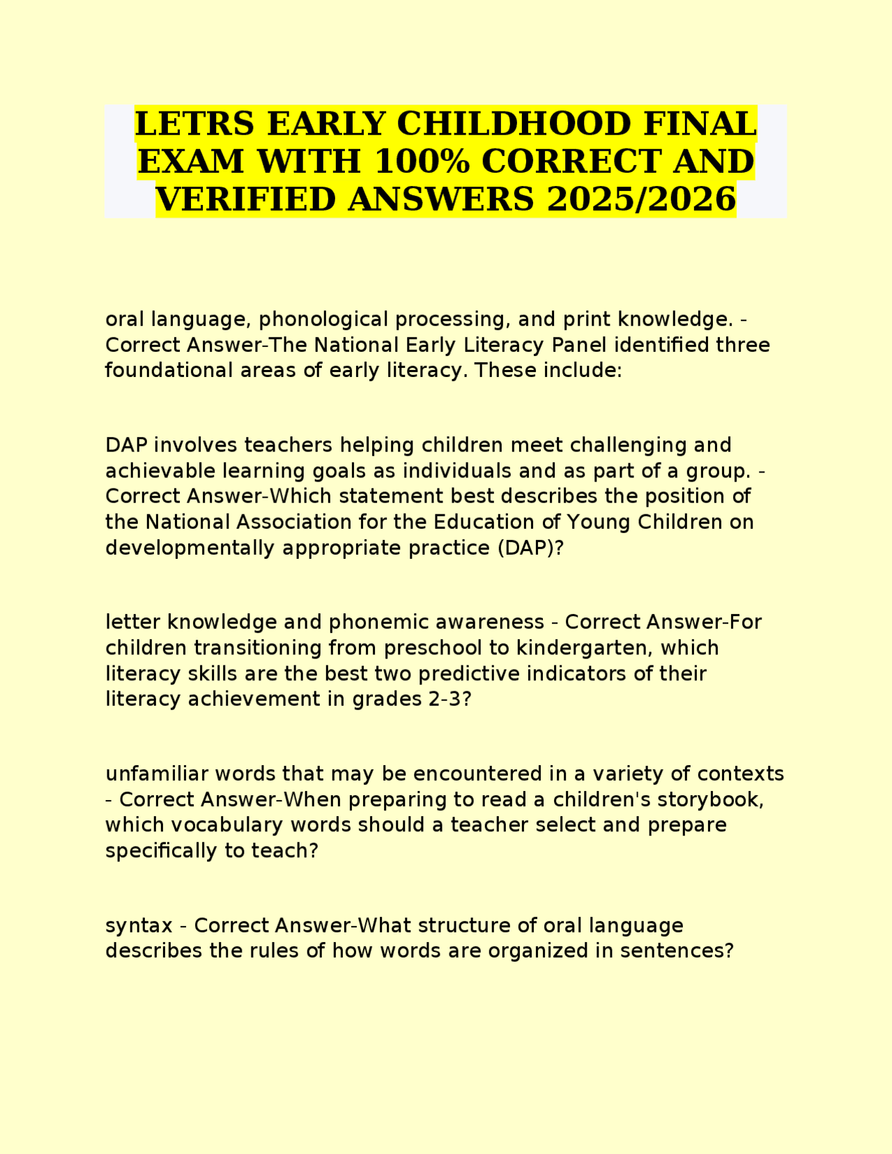 LETRS EARLY CHILDHOOD FINAL EXAM WITH 100% CORRECT AND VERIFIED ANSWERS ...