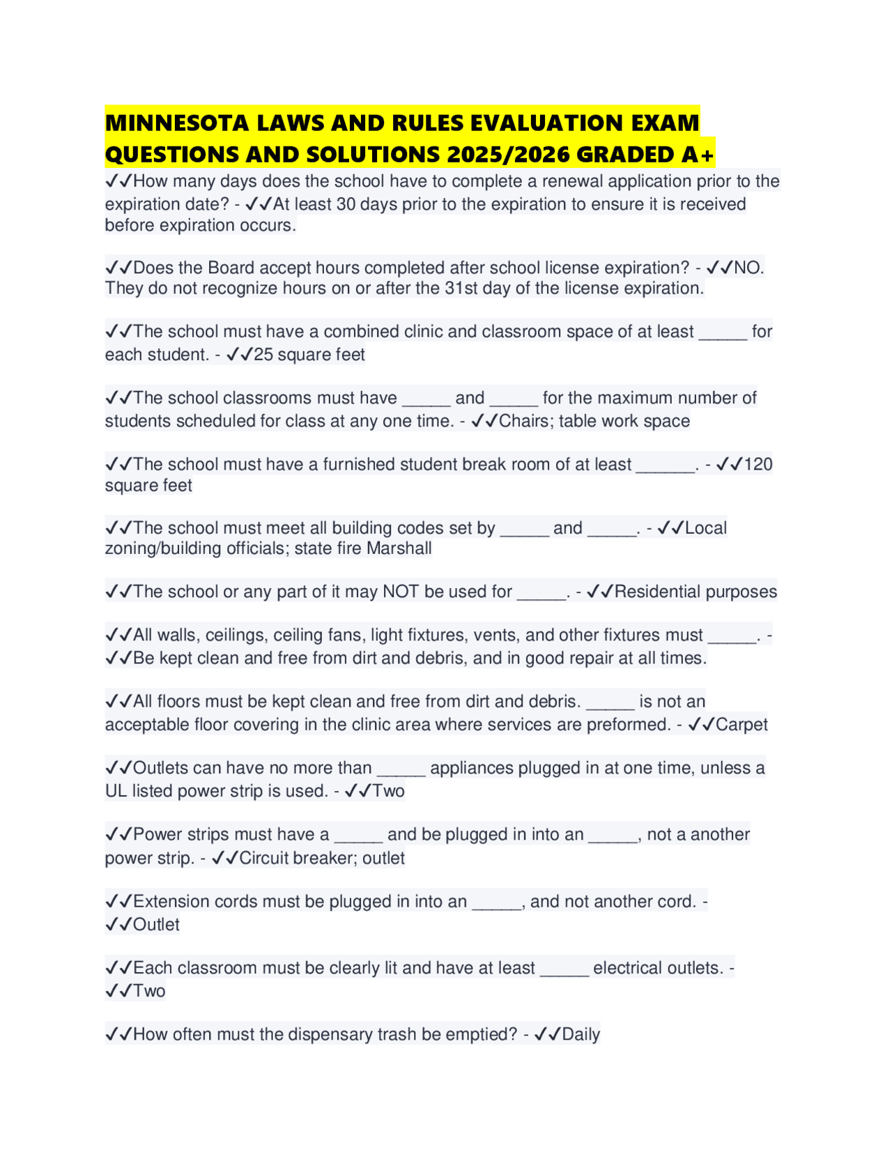 MINNESOTA LAWS AND RULES EVALUATION EXAM QUESTIONS AND SOLUTIONS 2025/ ...