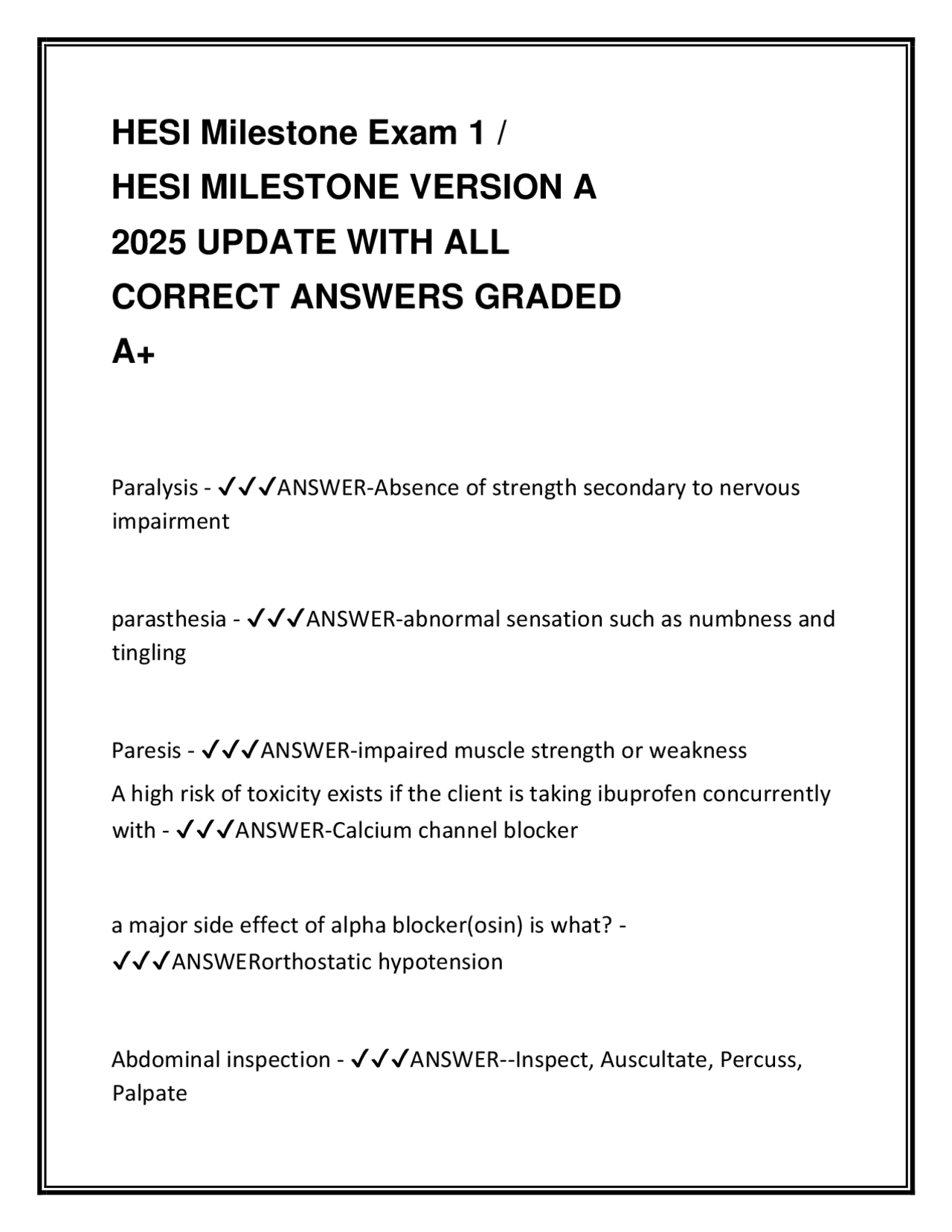 Milestone Exam 1 (Version A) 2025 Review: Nursing Study Guide | Exams ...