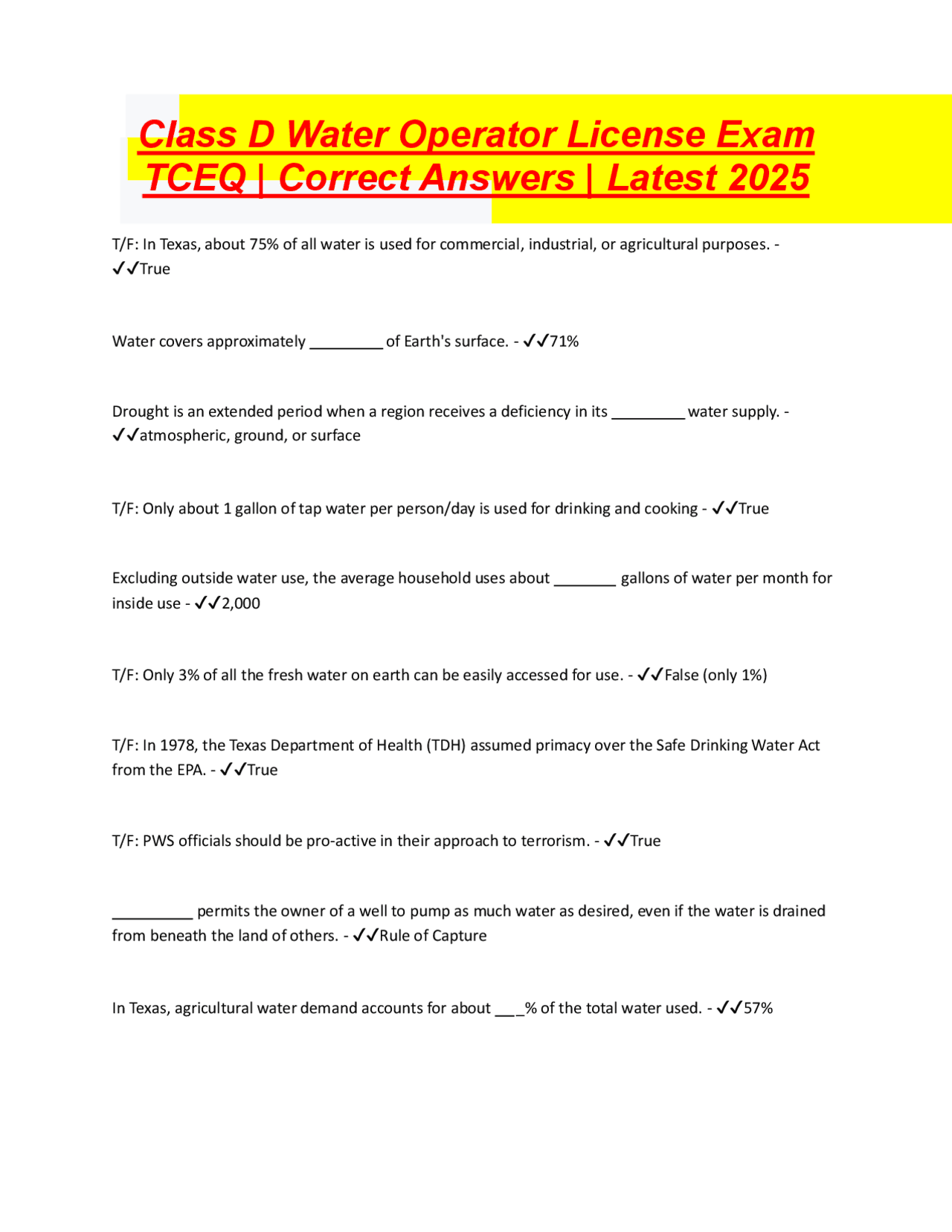 Class D Water Operator License Exam TCEQ | Exams Water Resources ...