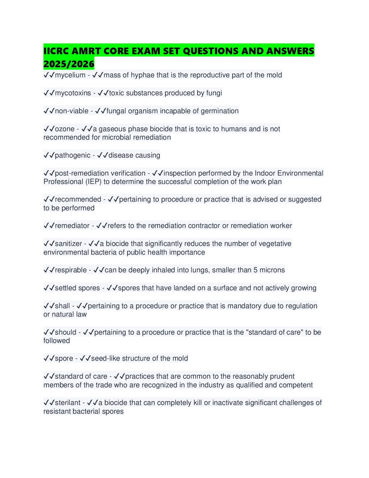 IICRC AMRT CORE EXAM SET QUESTIONS AND ANSWERS 2025/2026 | Exams ...