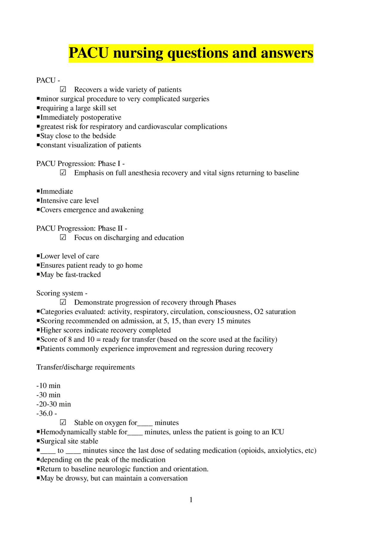 PACU nursing questions and answers | Exams Nursing | Docsity