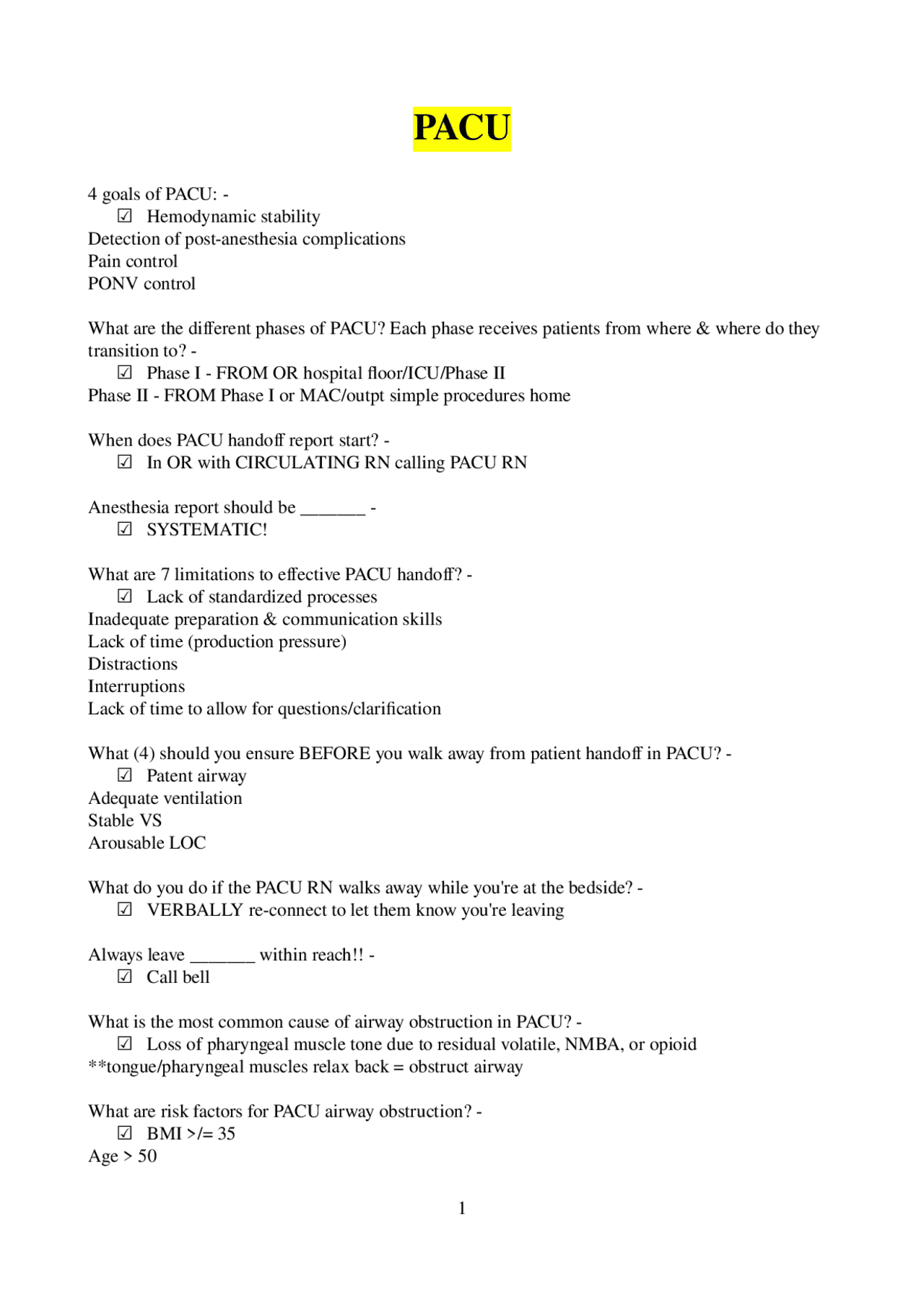 PACU nursing questions and answers verified | Exams Nursing | Docsity