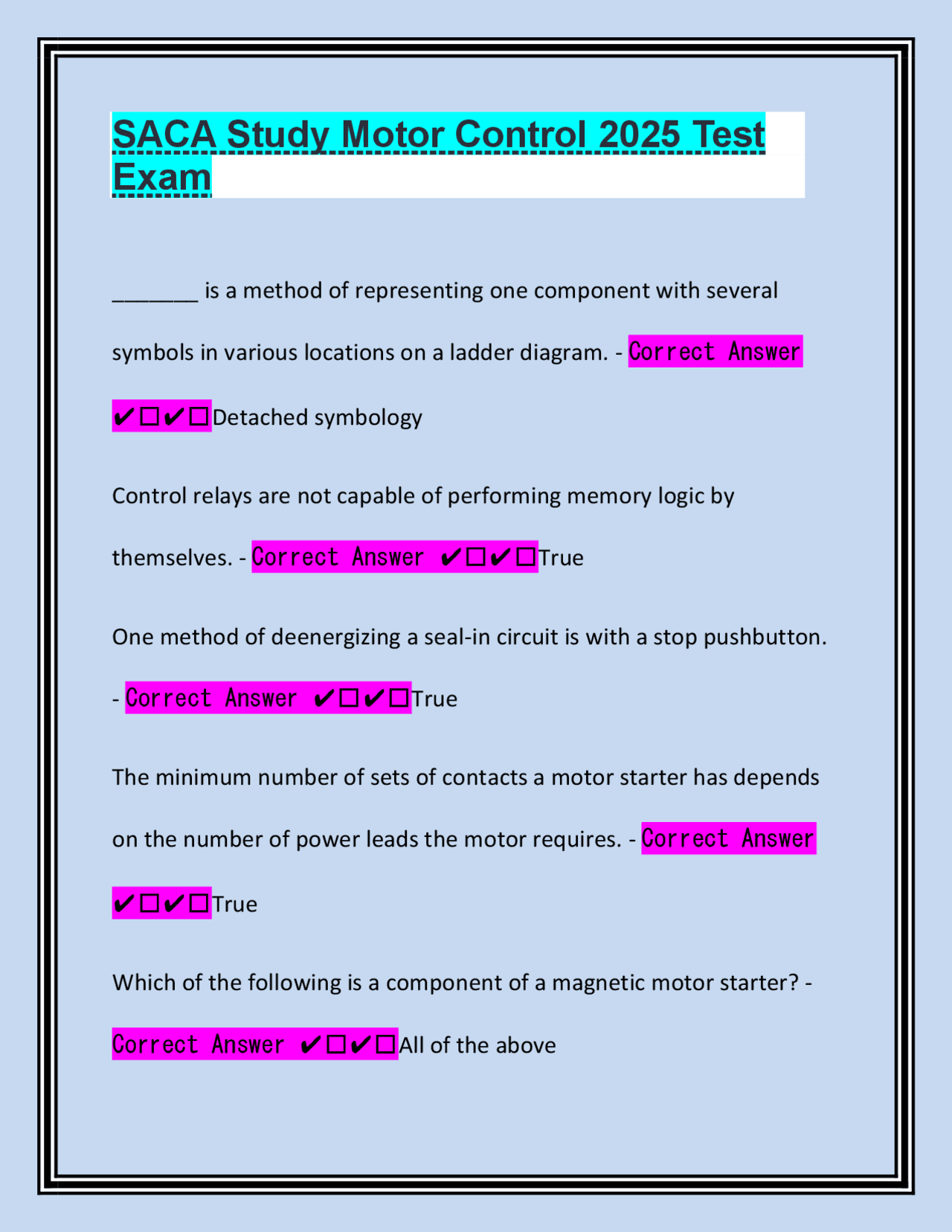 SACA Study Motor Control 2025 Test Exam Premium Practice Questions ...