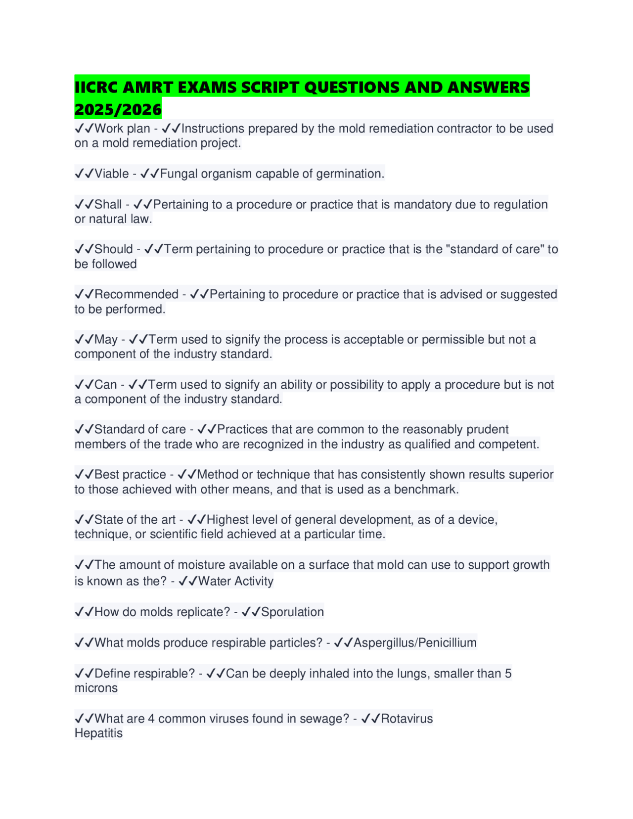 IICRC AMRT EXAMS SCRIPT QUESTIONS AND ANSWERS 2025/2026 | Exams ...