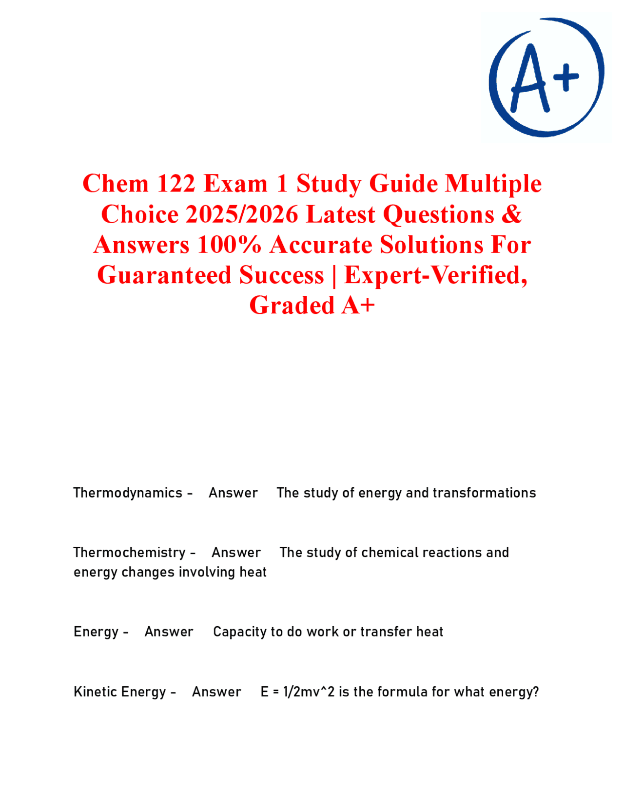 Chem 122 Exam 1 Study Guide Multiple choice 2025/2026 Latest Questions ...