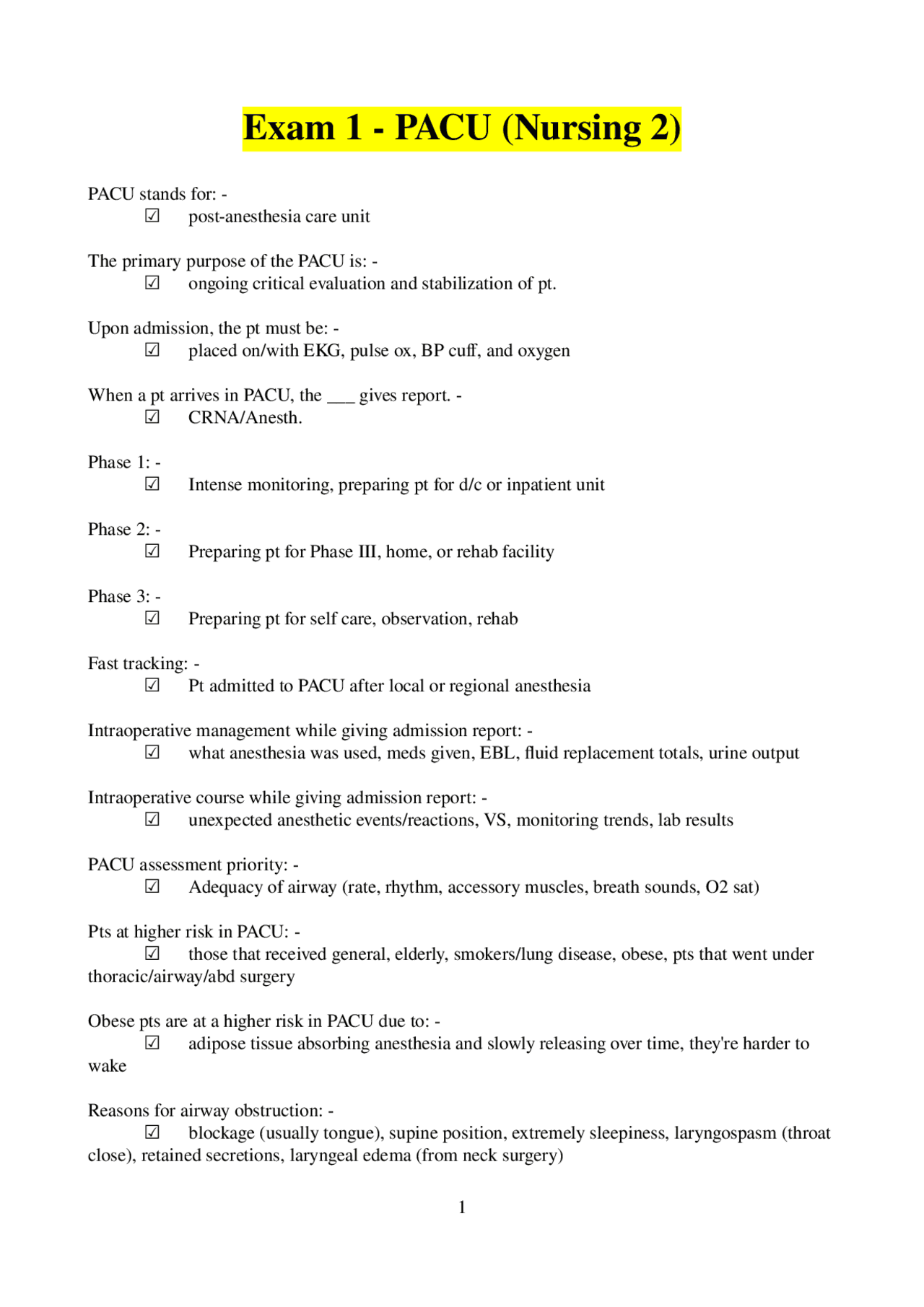Exam 1 - PACU (Nursing 2) | Exams Nursing | Docsity