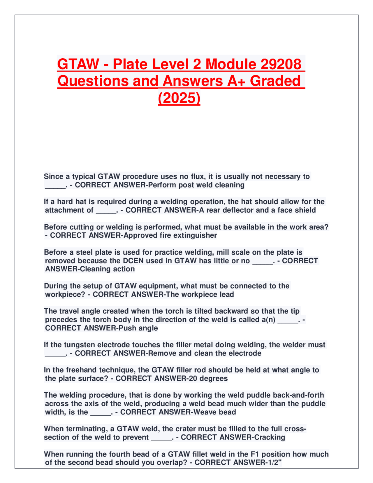GTAW - Plate Level 2 Module 29208 Questions and Answers A+ Graded (2025 ...