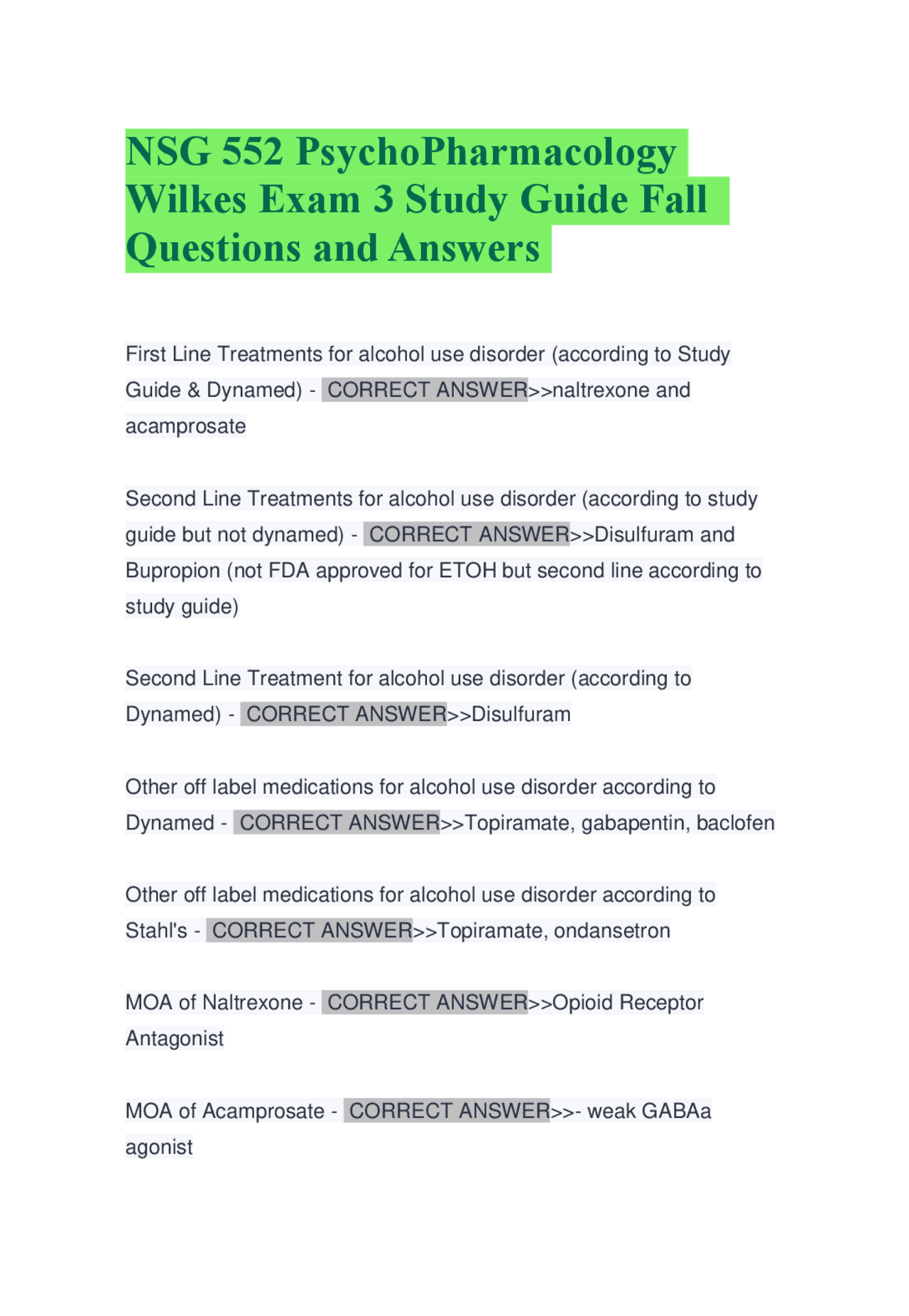 Psychopharmacology Exam Study Guide: Alcohol, Opioid Use Disorders, ASD ...