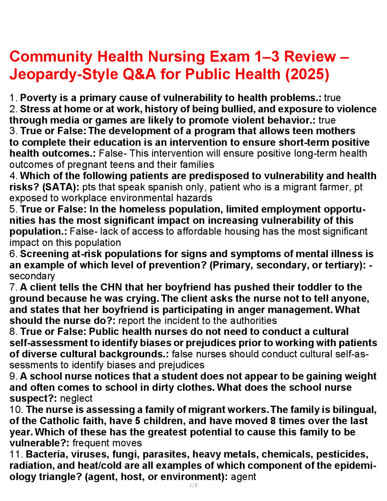 Community Health Nursing Exam 1–3 Review – Jeopardy-Style Q&A for ...